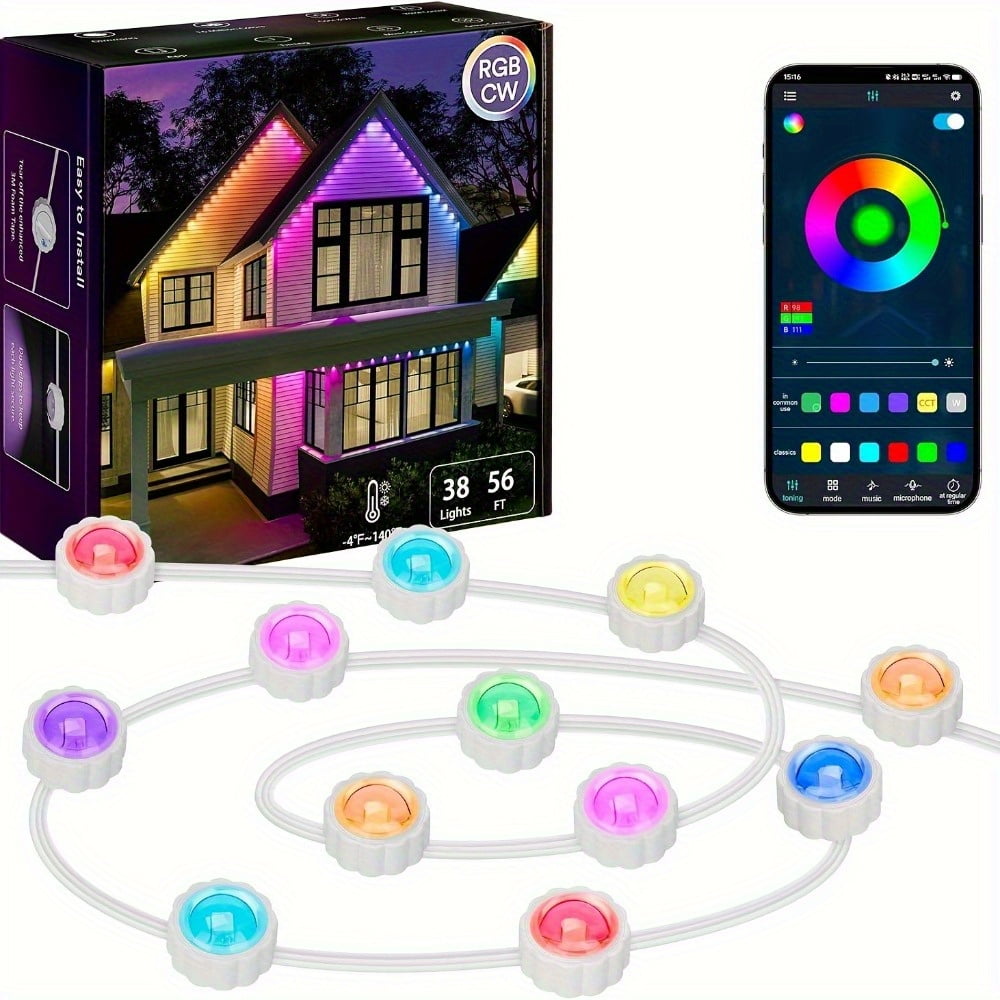 38 LED,56ft AI Permanent Outdoor Lights APP Control, 50ft Smart RGB+IC ...