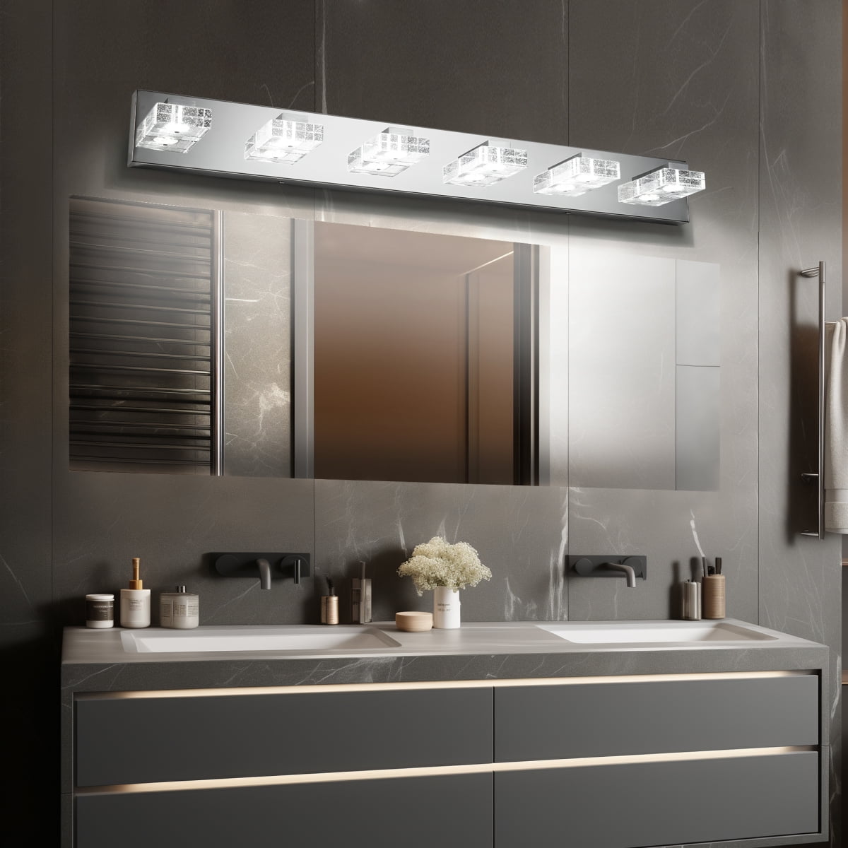 38" Modern Chrome 6-Light LED Vanity Light, Square Acrylic Lampshades ...