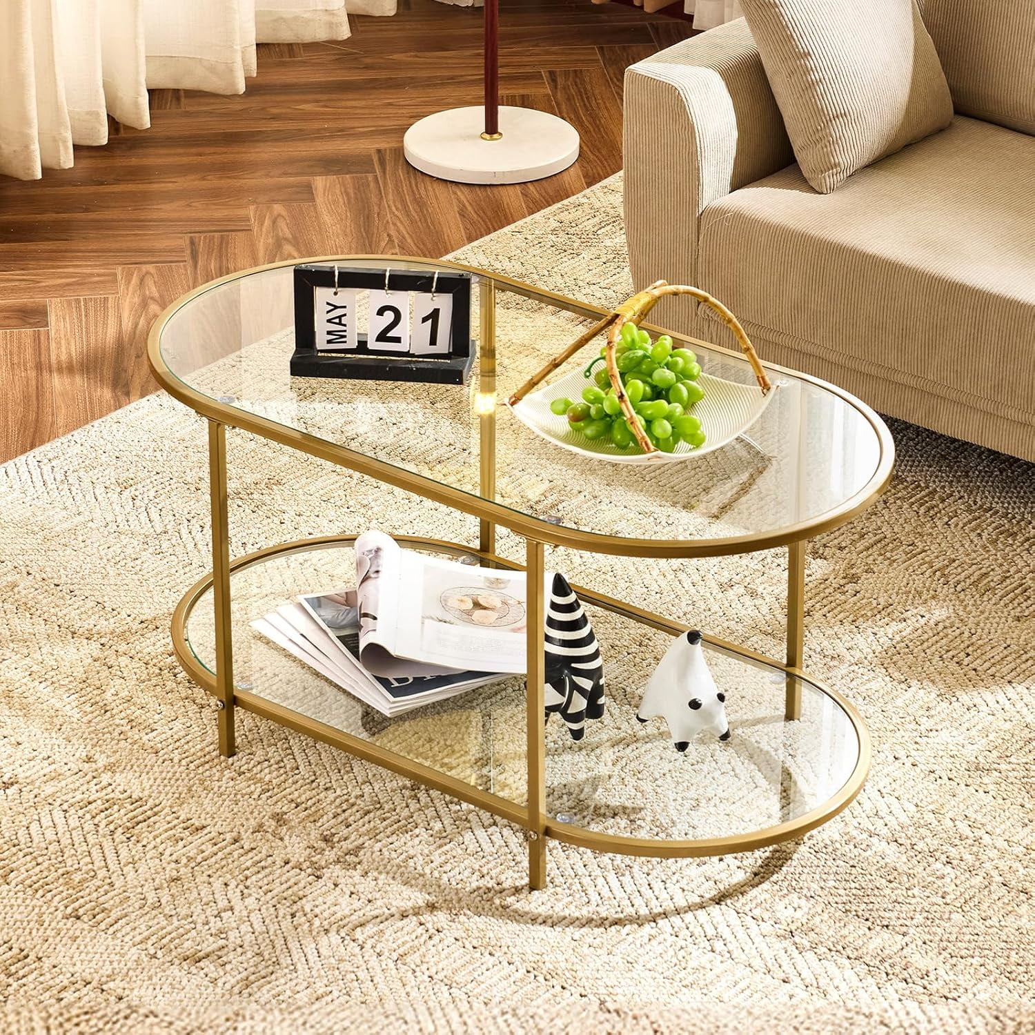 38" Oval Coffee Table, Transparent Glass Metal Center Table, Modern ...