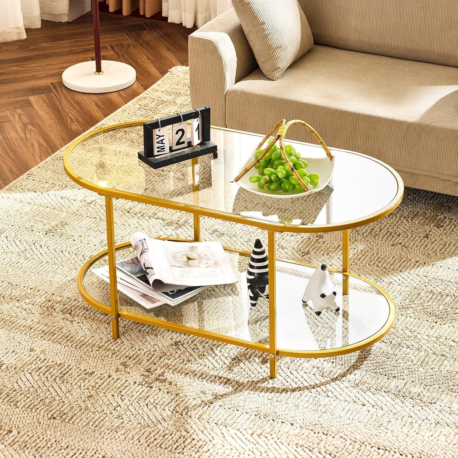 38" Oval Coffee Table, Transparent Glass Metal Coffe Table for Home ...