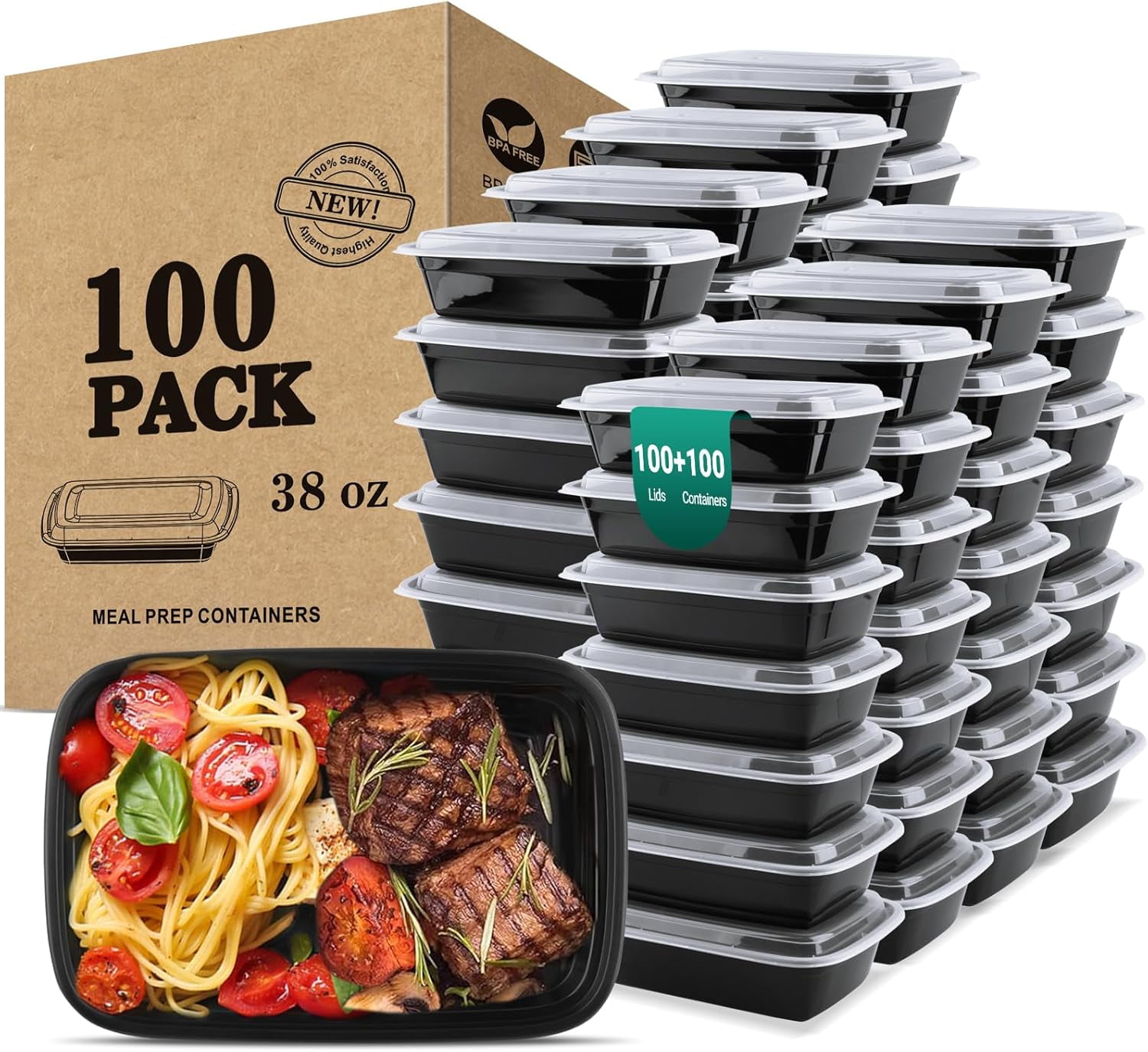 38 Oz Plastic Meal Prep Containers - [100 Set] Food Storage Containers ...