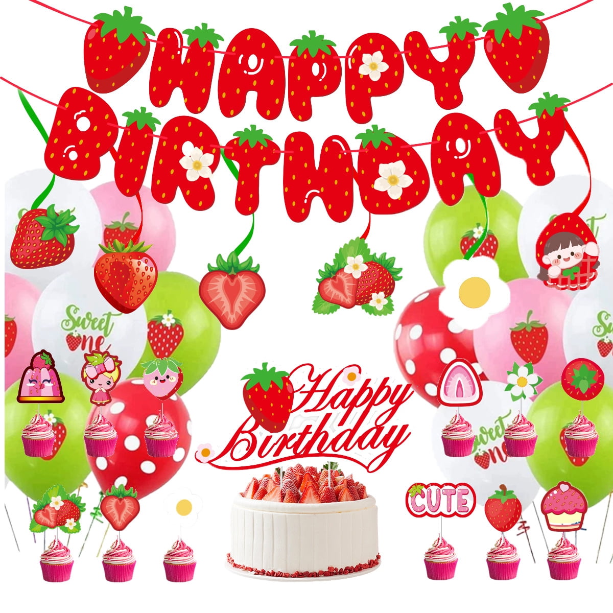 38 PCS Strawberry Birthday Decorations Party Supplies Set,Happy ...