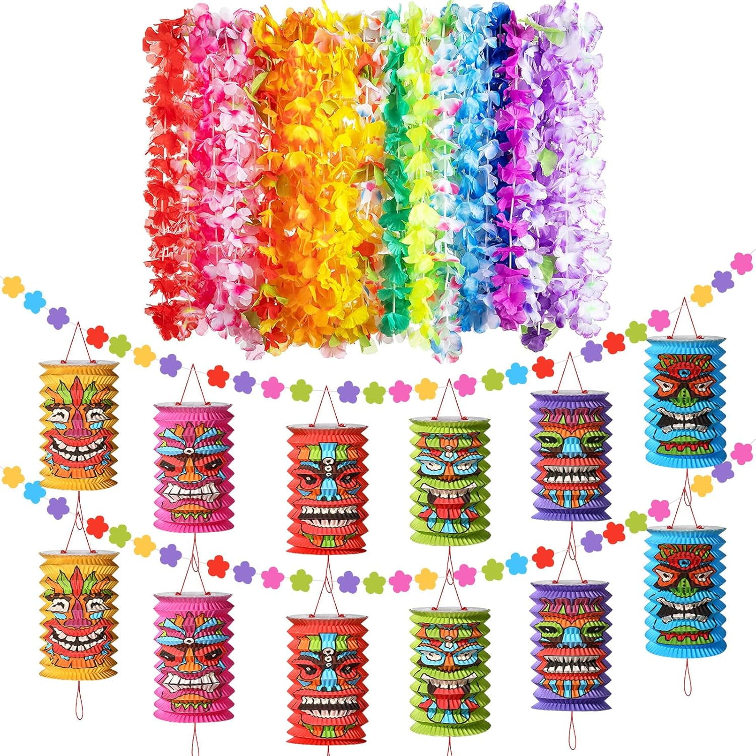 38 Pcs Luau Party Decor Tiki Lantern Hawaiian Flower Lei Luau Party ...