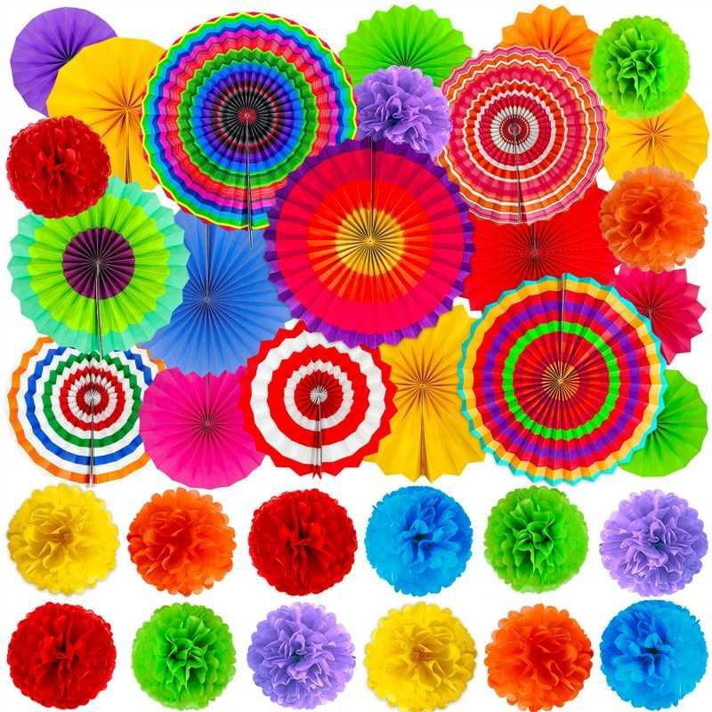 38 Pcs Mexican Fiesta Party Decorations 18 Colorful Hanging Paper Fans ...