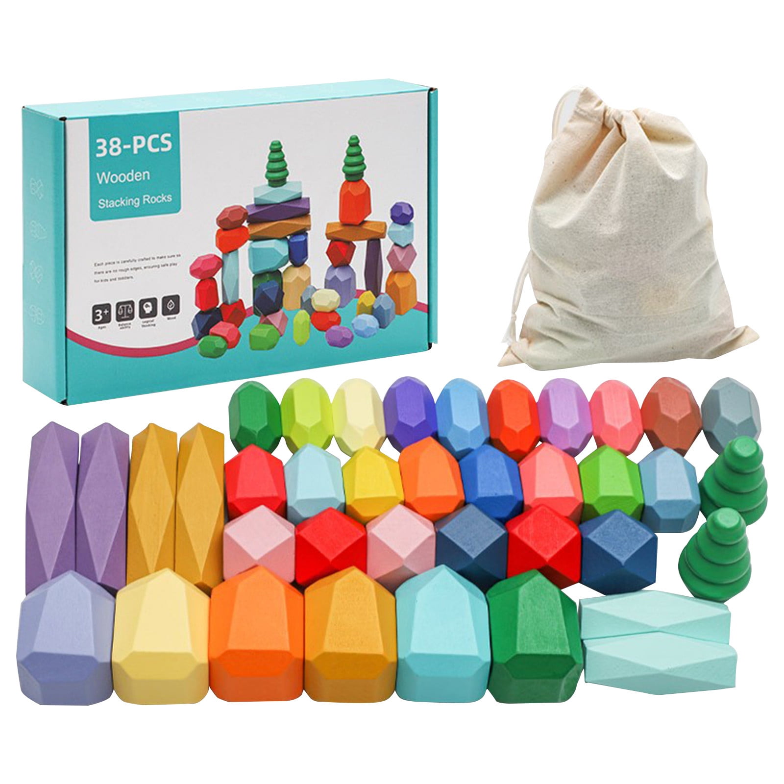 38 Pcs Stacking Rocks Montessori Toys for 1+ Year Old Colorful Wooden ...