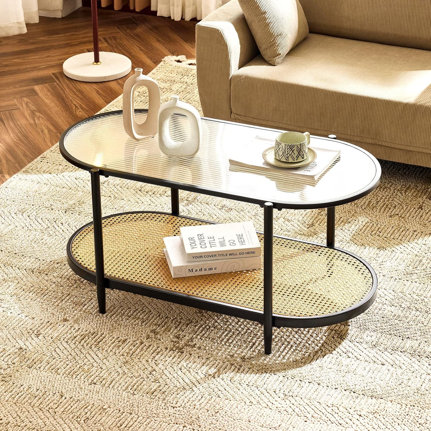 38" Rattan Oval Coffee Table, Glass Metal Center Table, Modern Coffee ...