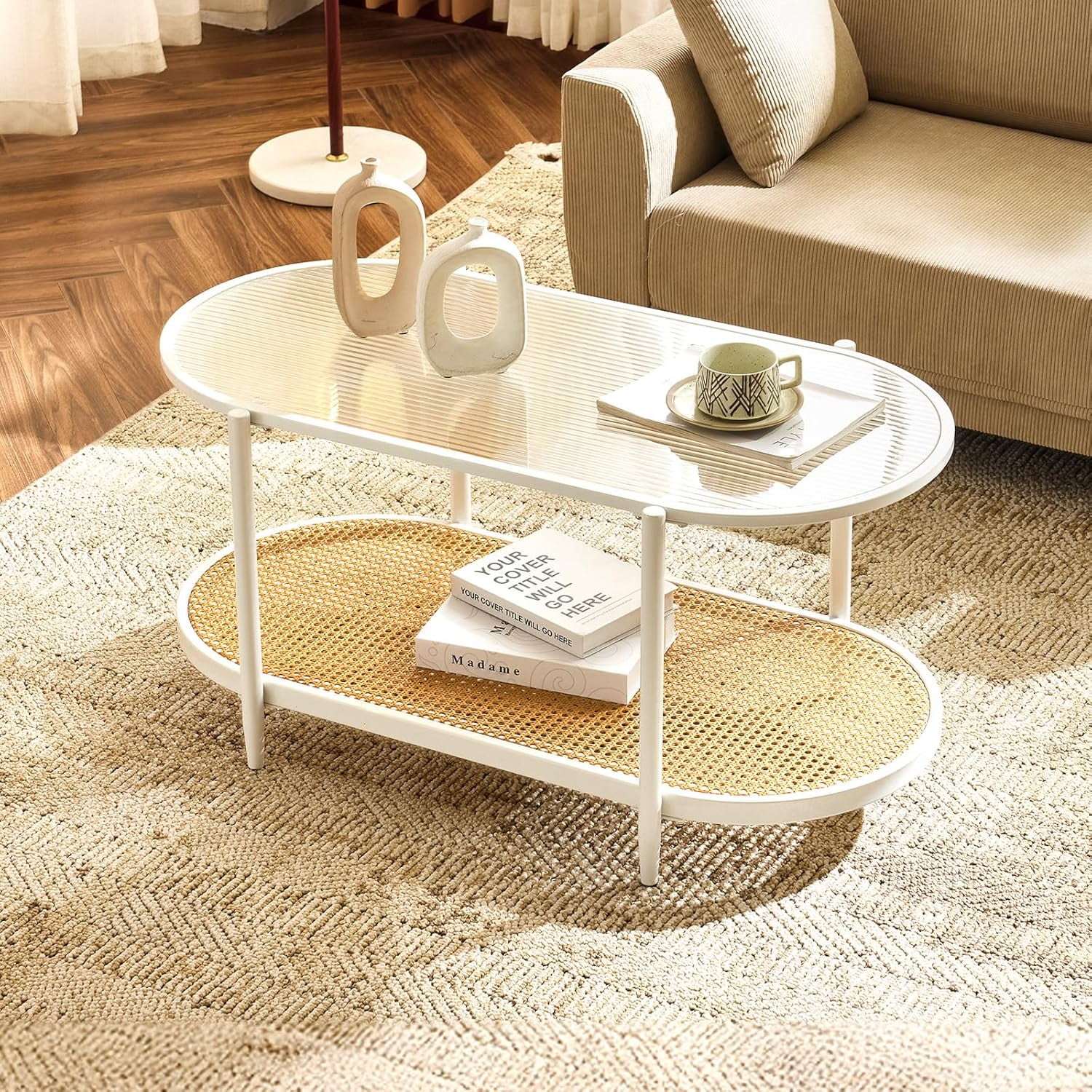 38" Rattan Oval Coffee Table, Glass Metal Center Table, Modern Coffee ...