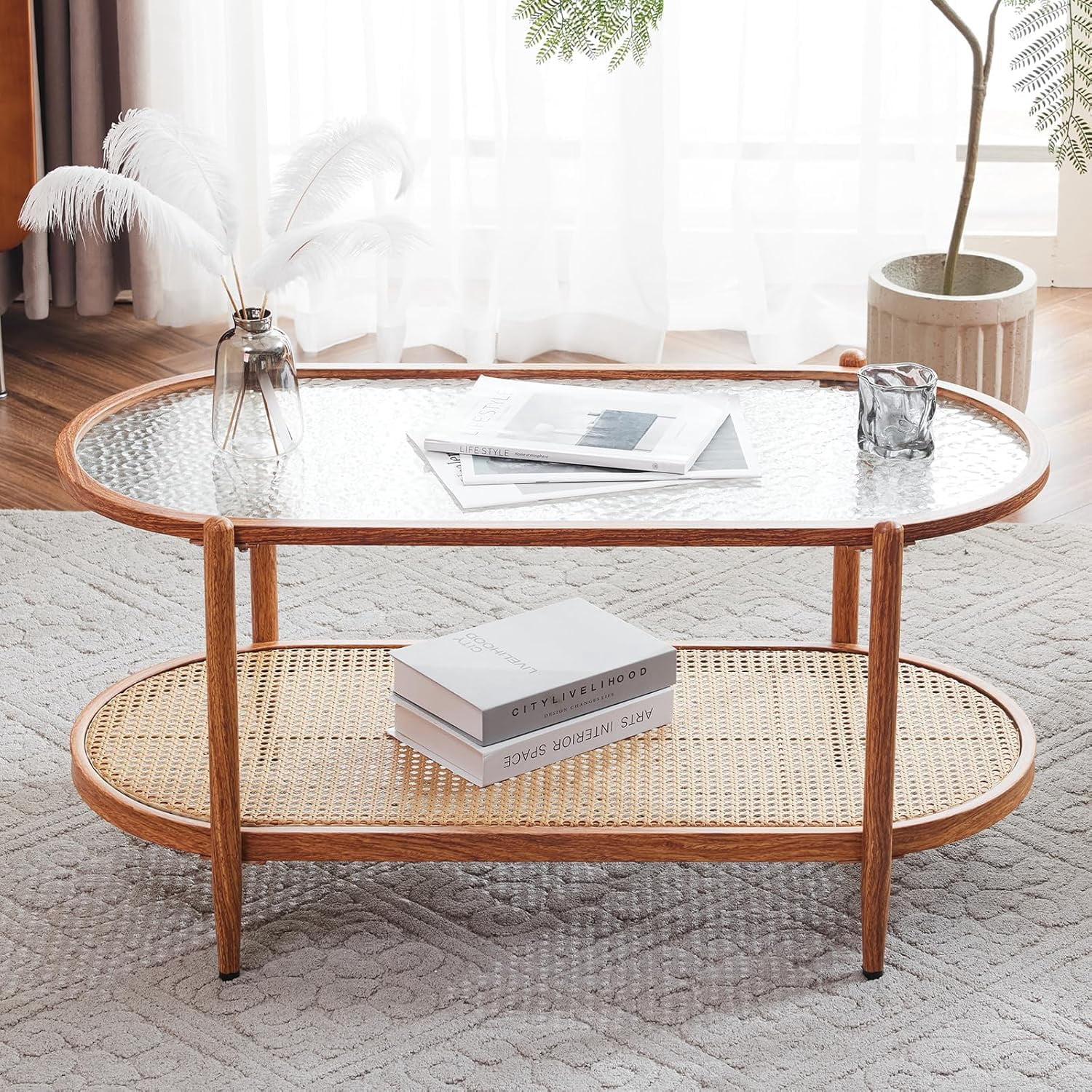 38" Rattan Oval Coffee Table, Water-Wave Glass Metal Center Table ...