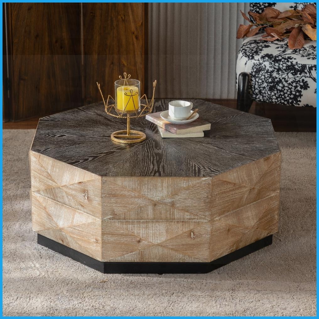 38” Retro Wood Octagon Coffee Table with Embossed Pattern, Easy-Clean ...