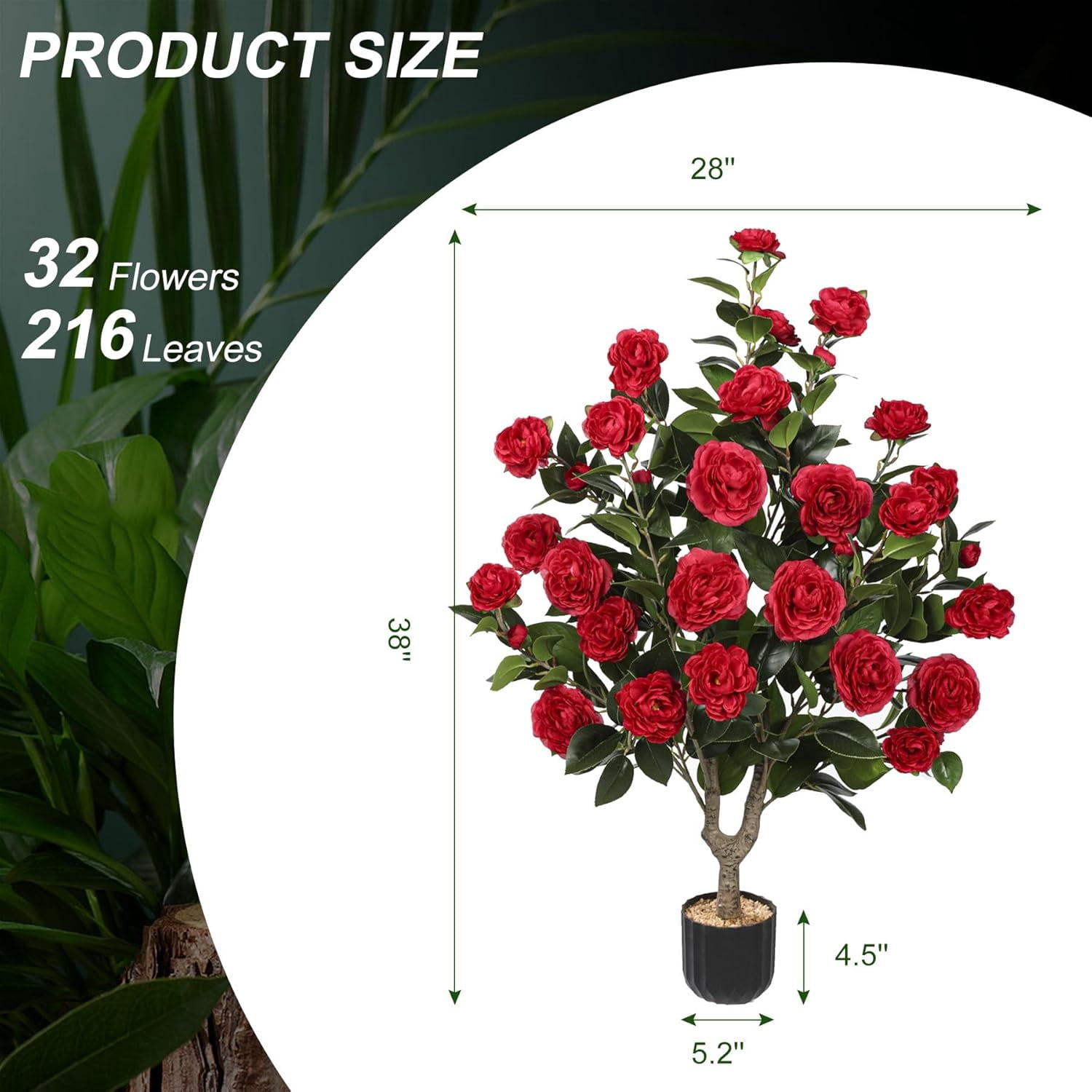 38" Tall Artificial Camellia Tree with 32 Red Flowers Indoor Outdoor ...