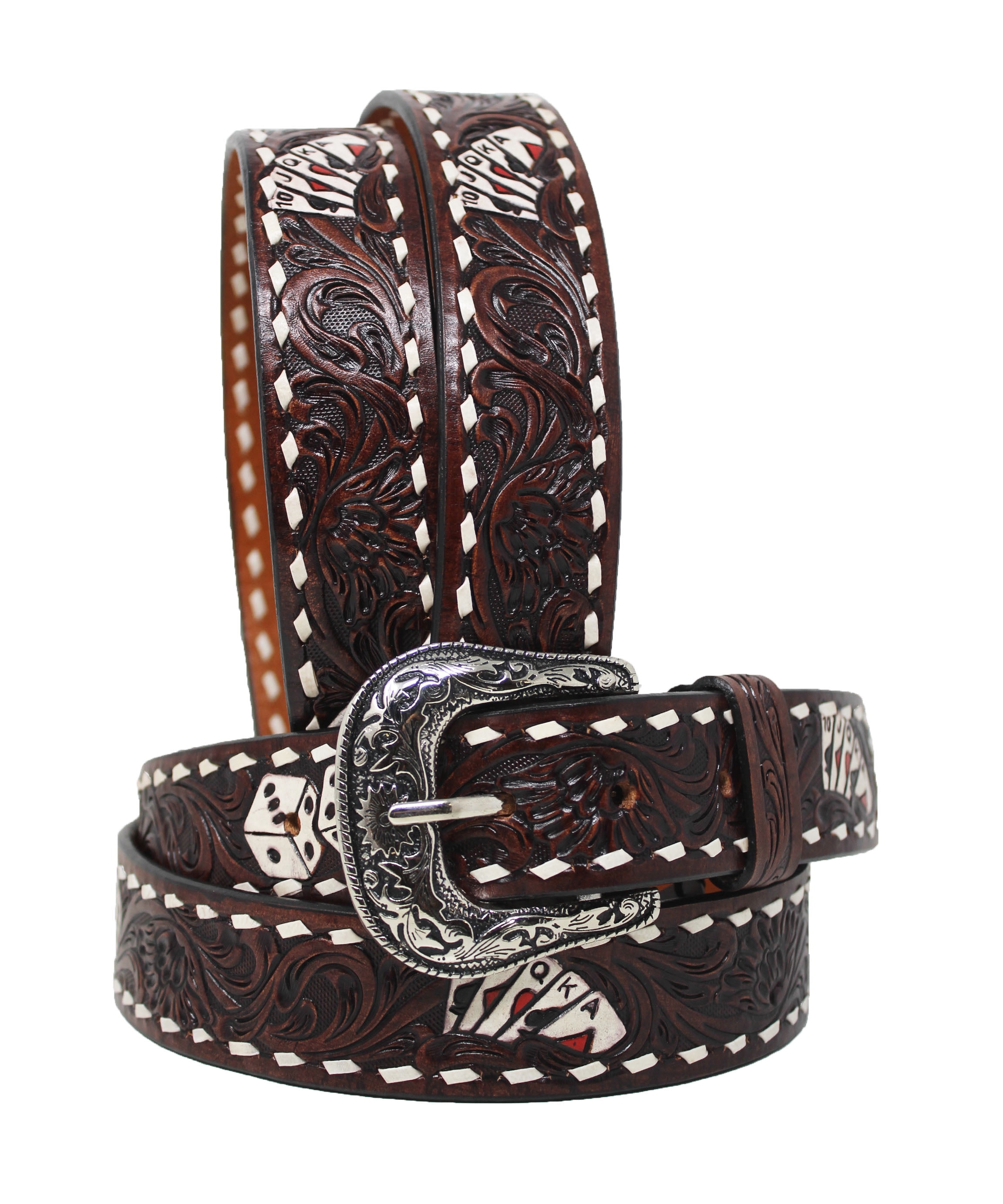 38" Western 1-1/2" Floral Hand Tooled Poker Ace Dice Leather Belt ...
