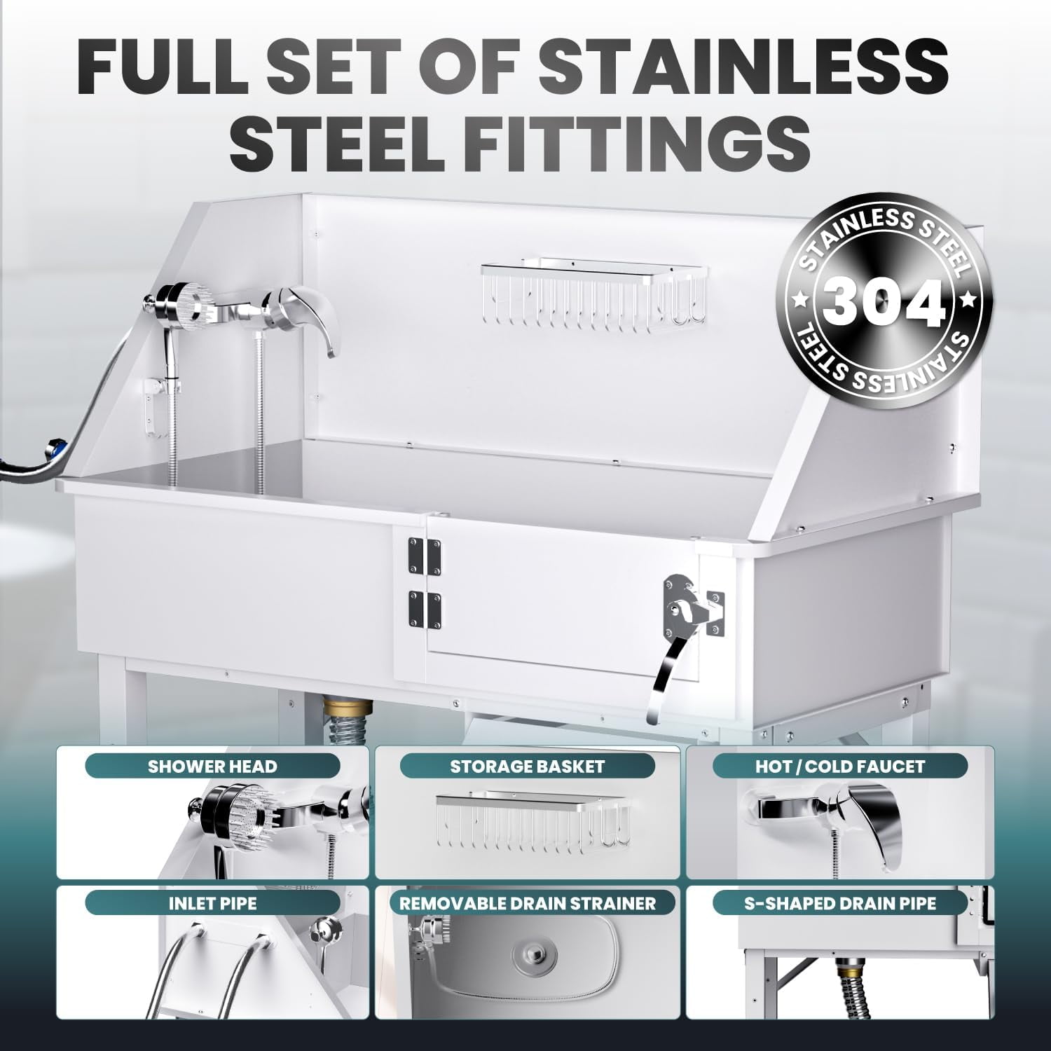 38" White Stainless Steel Dog Bathing Station with Anti-Slip Steps and ...