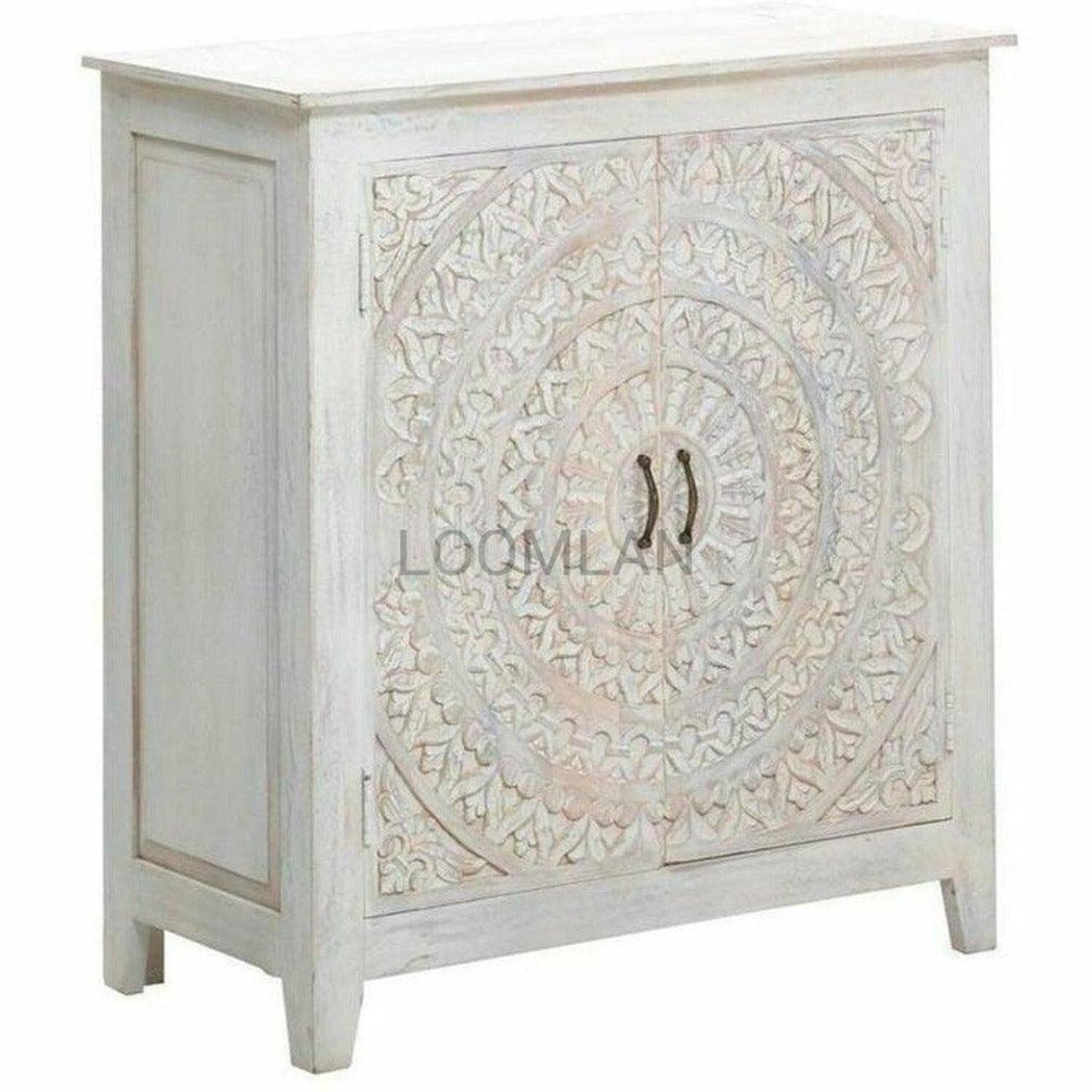 38 White Washed Hand Carved Lace Mandala Design Accent Cabinet ...