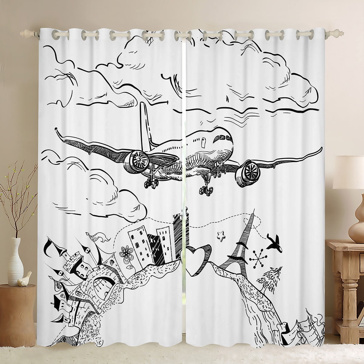 38''Wx45''L Curtains Airplane Curtains & Drapes Hand Drawn House ...