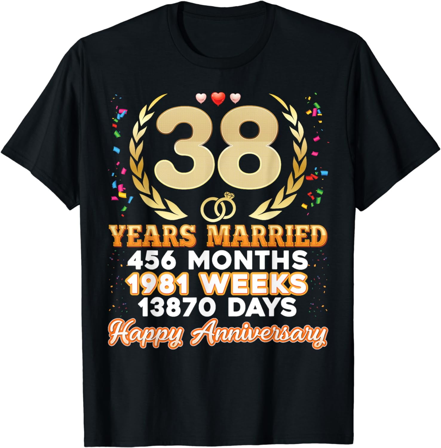 38 Years Married Happy 38th Wedding Anniversary Couple Ring T-Shirt ...