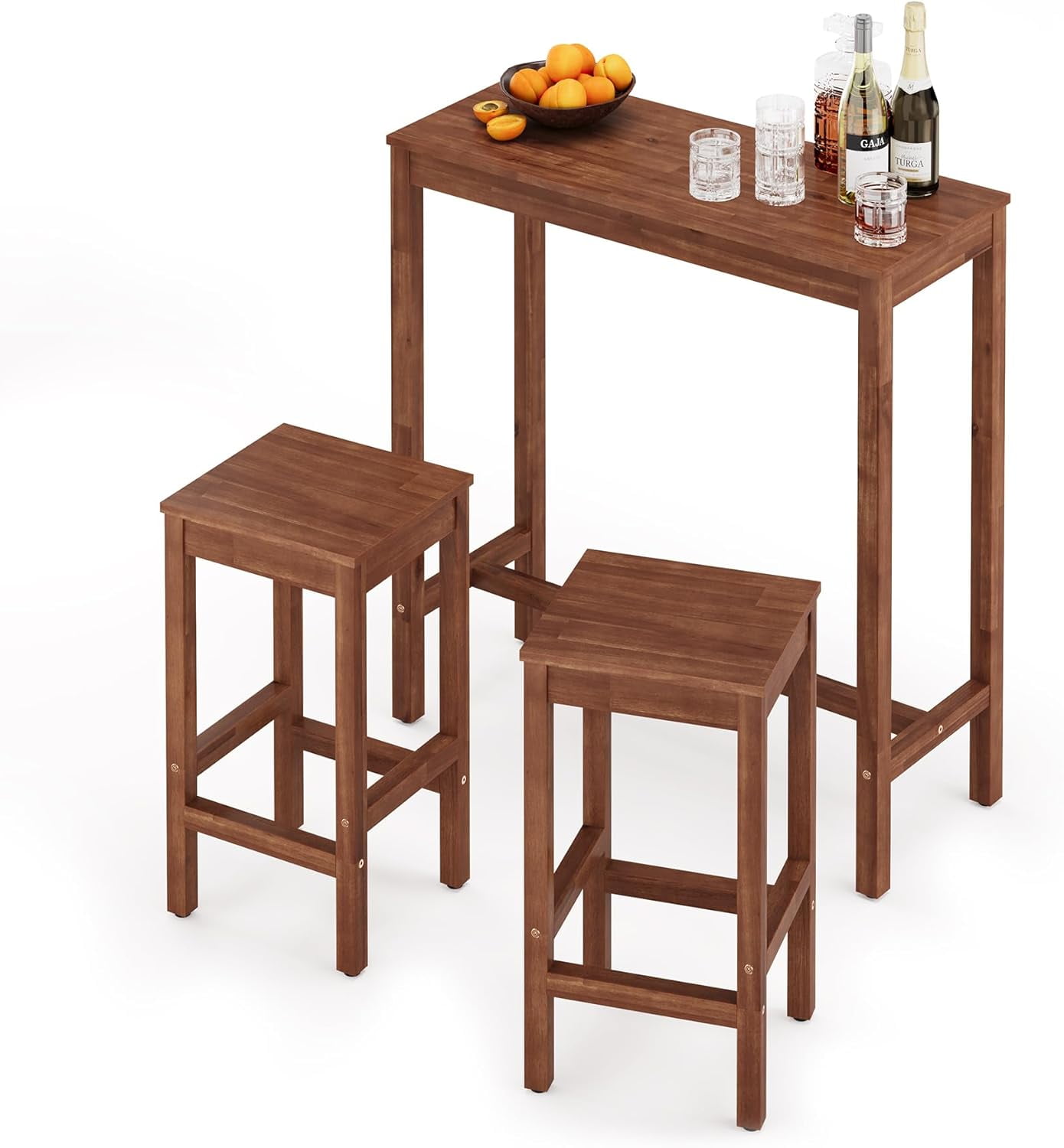 38 inch Bar Table and Chairs Set, Acacia Wood Pub Table with 2 Stools ...
