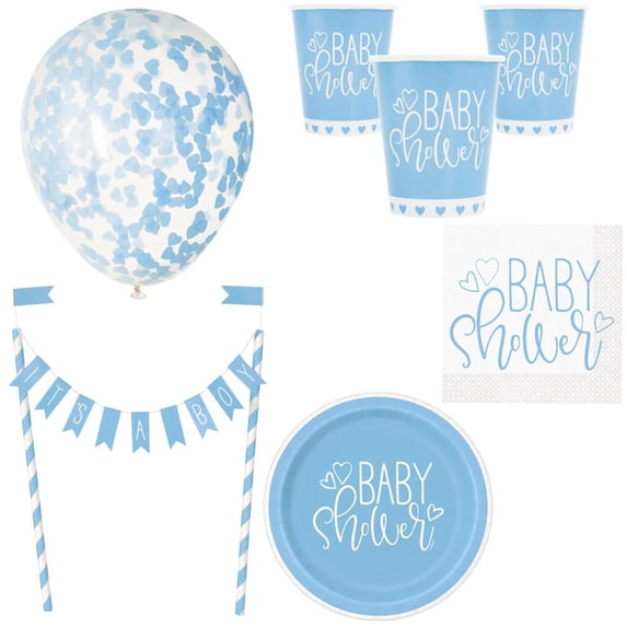 38 pc Blue Heart Baby Shower Decorating & Tableware Set for 8 Guests ...