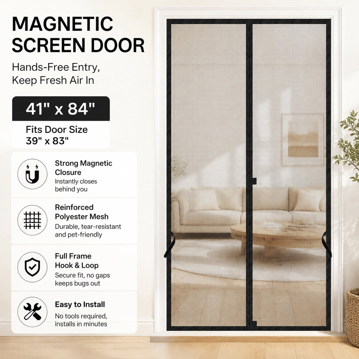 38 x 83 Inch Magnetic Screen Door, Fits 36 x 82 Inch Doors, Heavy Duty ...