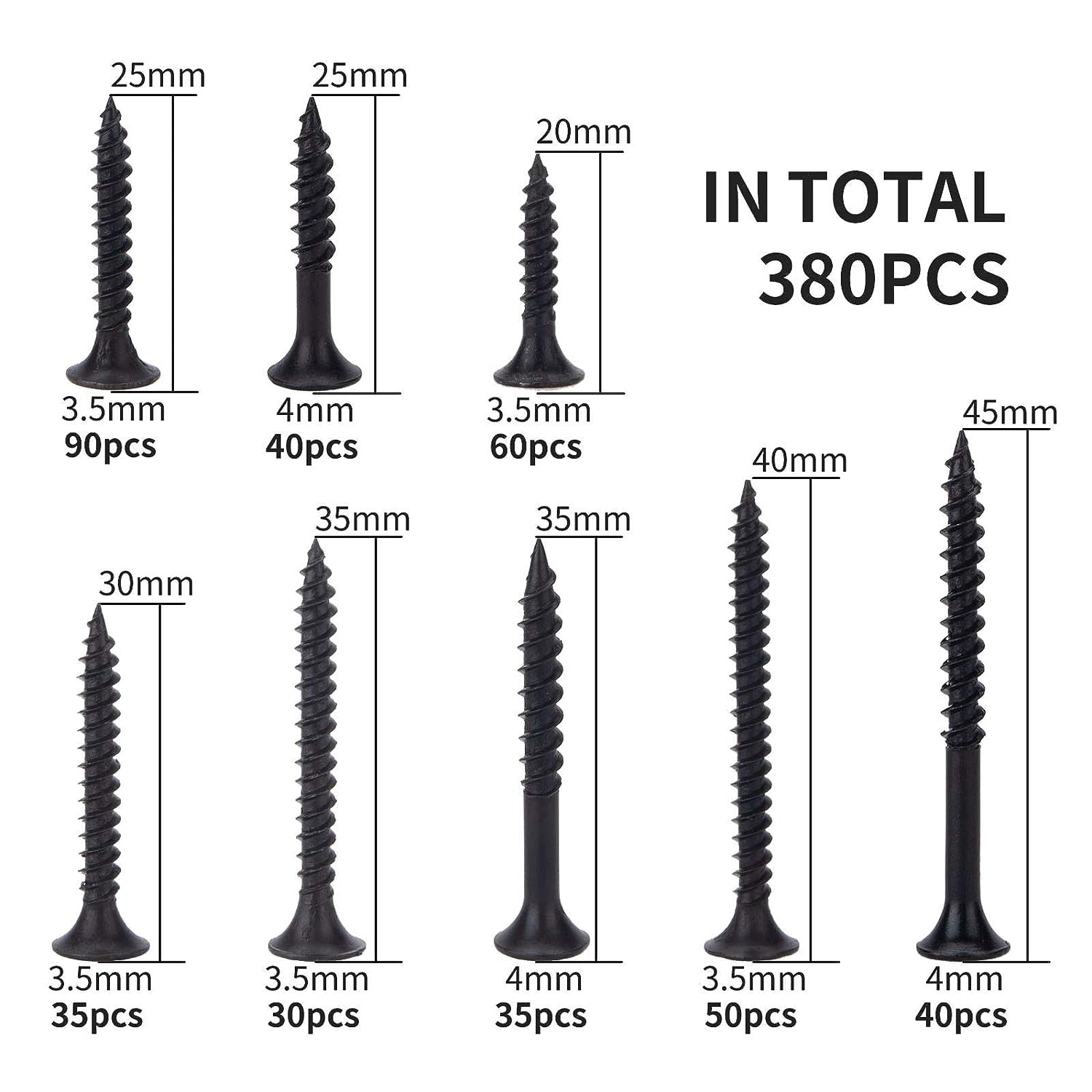 380 Pieces Drywall Screws Kit, 8 Sizes Wood Screws with Phillips Bugle ...