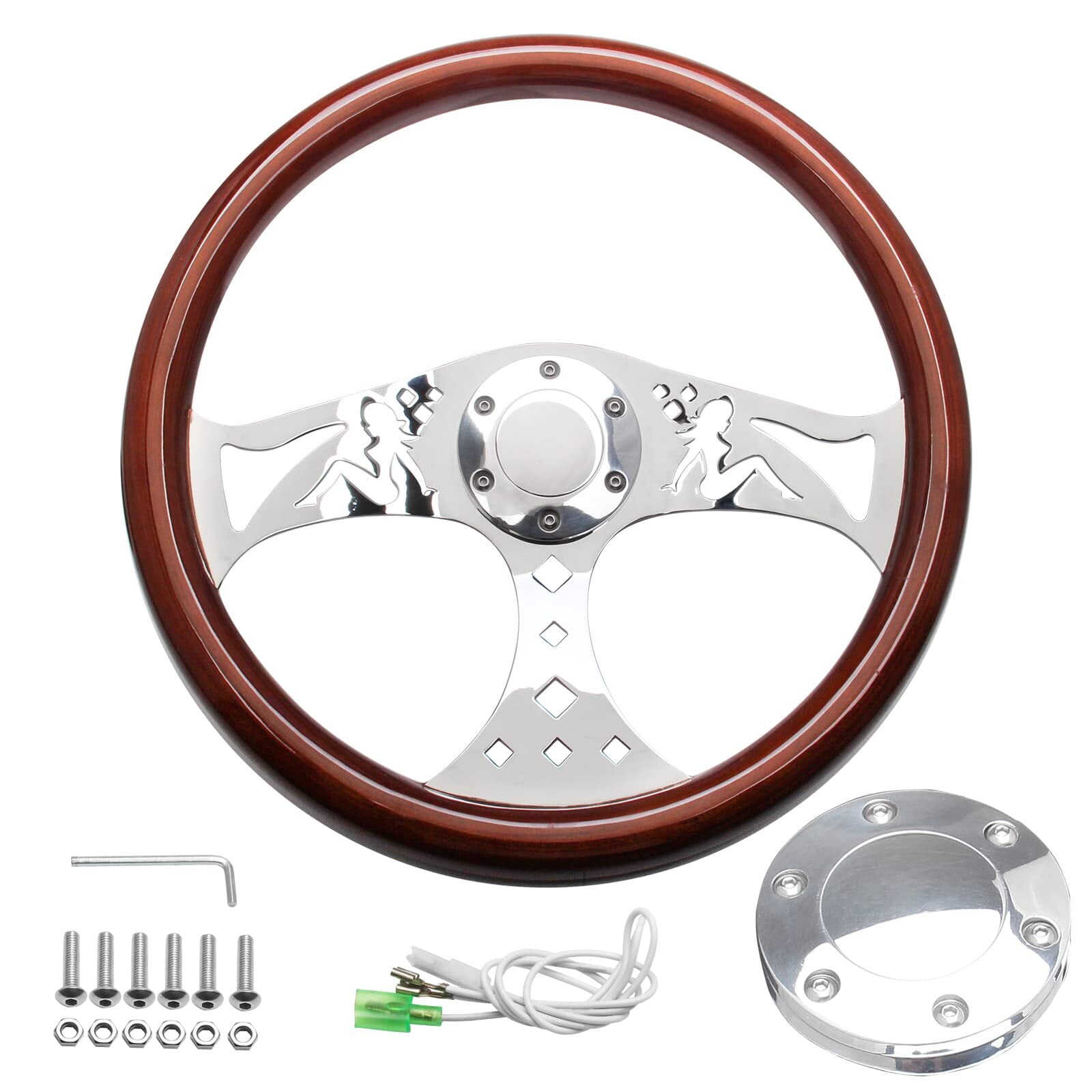 380mm 15" 6 Hole Chrome Dark Steering Wheel Beauty Real Wood Grip w ...