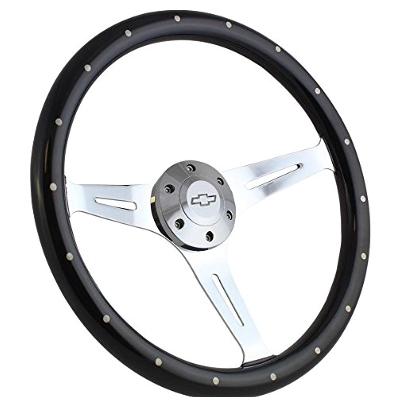 380mm Black Wood Steering Wheel with Chrome Spokes and ChevyHorn Button ...