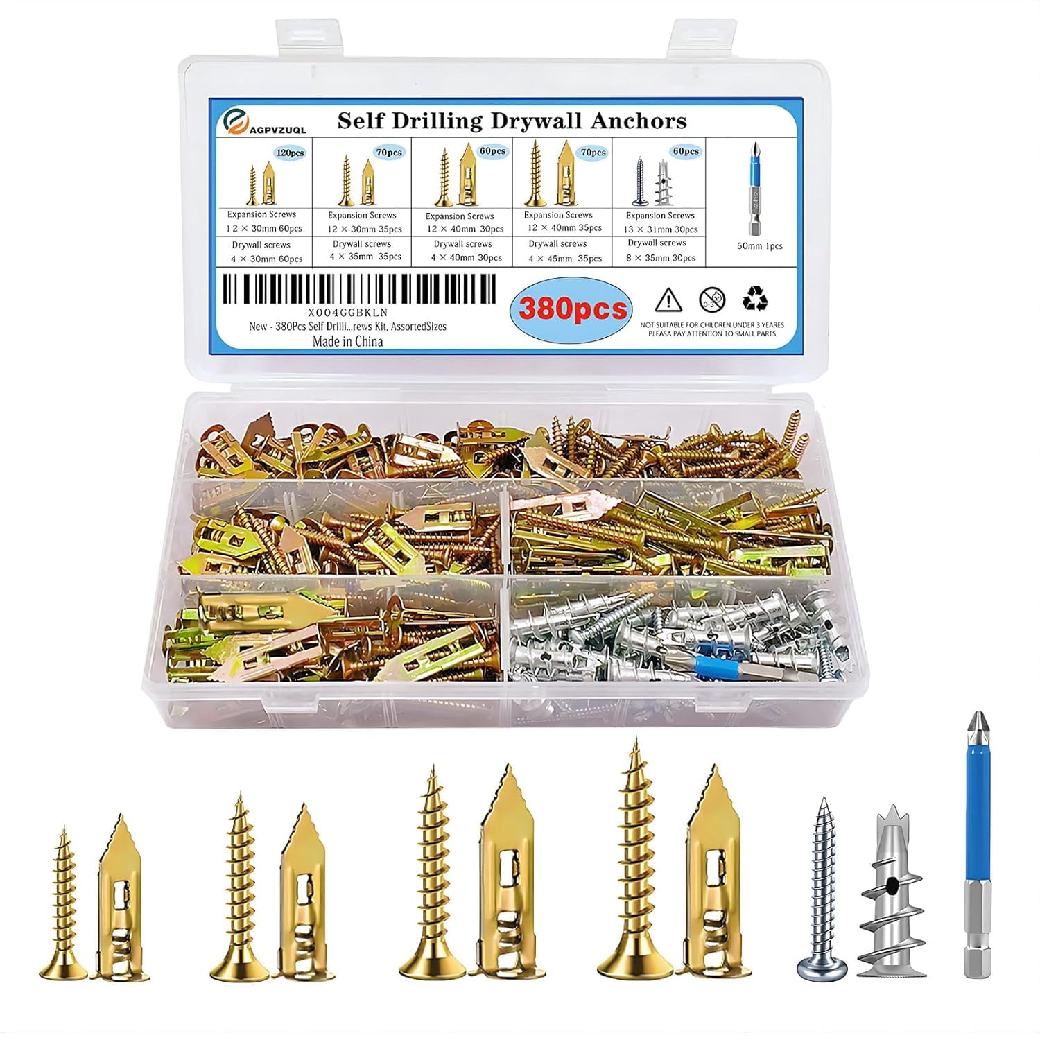 380pcs Self Drilling Drywall Anchors with Screws, 5 Different Sizes ...