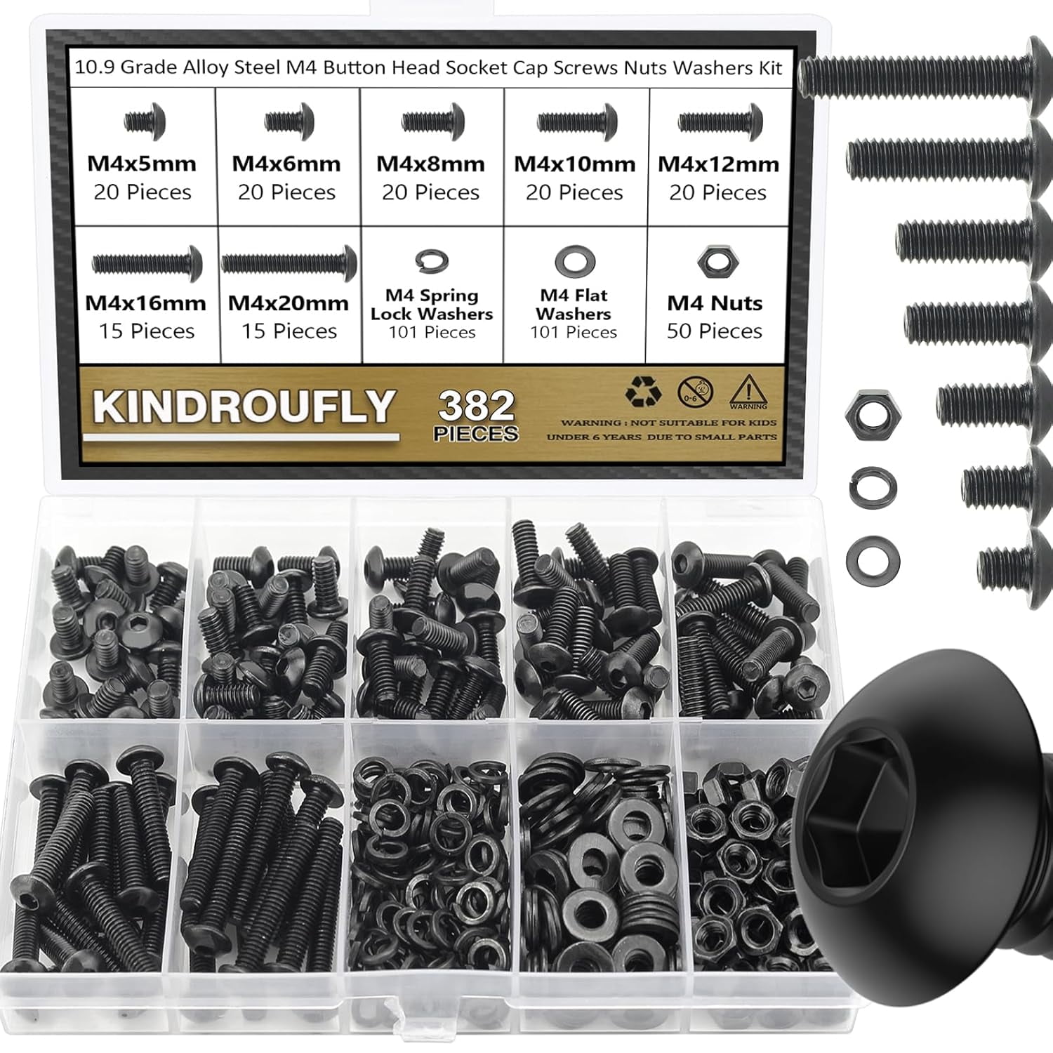 382 Pieces Black M4 x 5/6 /8/10 /12/16 /20mm Button Head Socket Cap Screws Nuts Washers ...