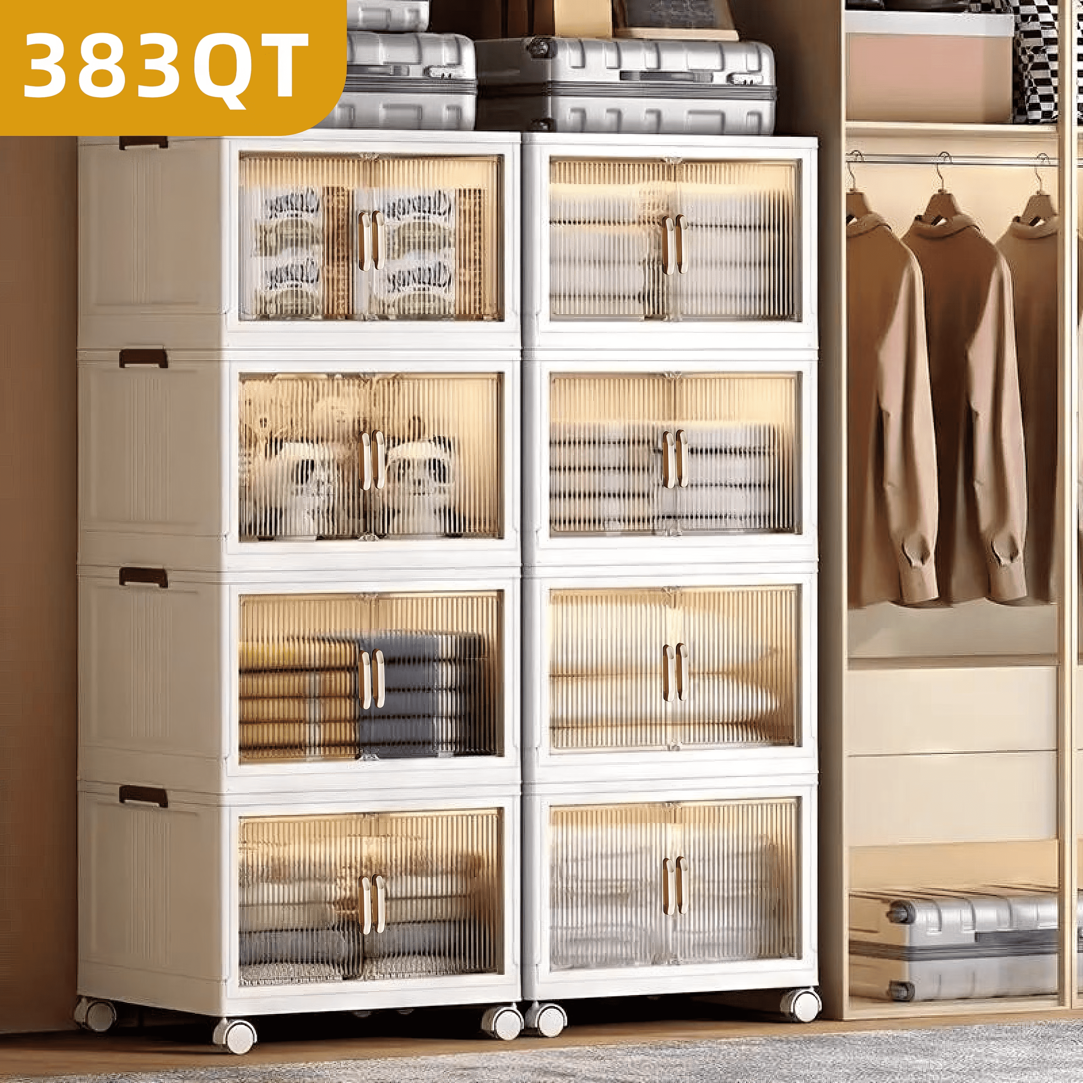 383 QT 4-Tier Foldable Storage Box, Clear Door, Space-Saving, Beige ...