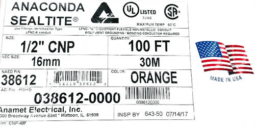 38612 Anaconda Sealtite Flexible Conduit, 1/2 CNP, Orange ...