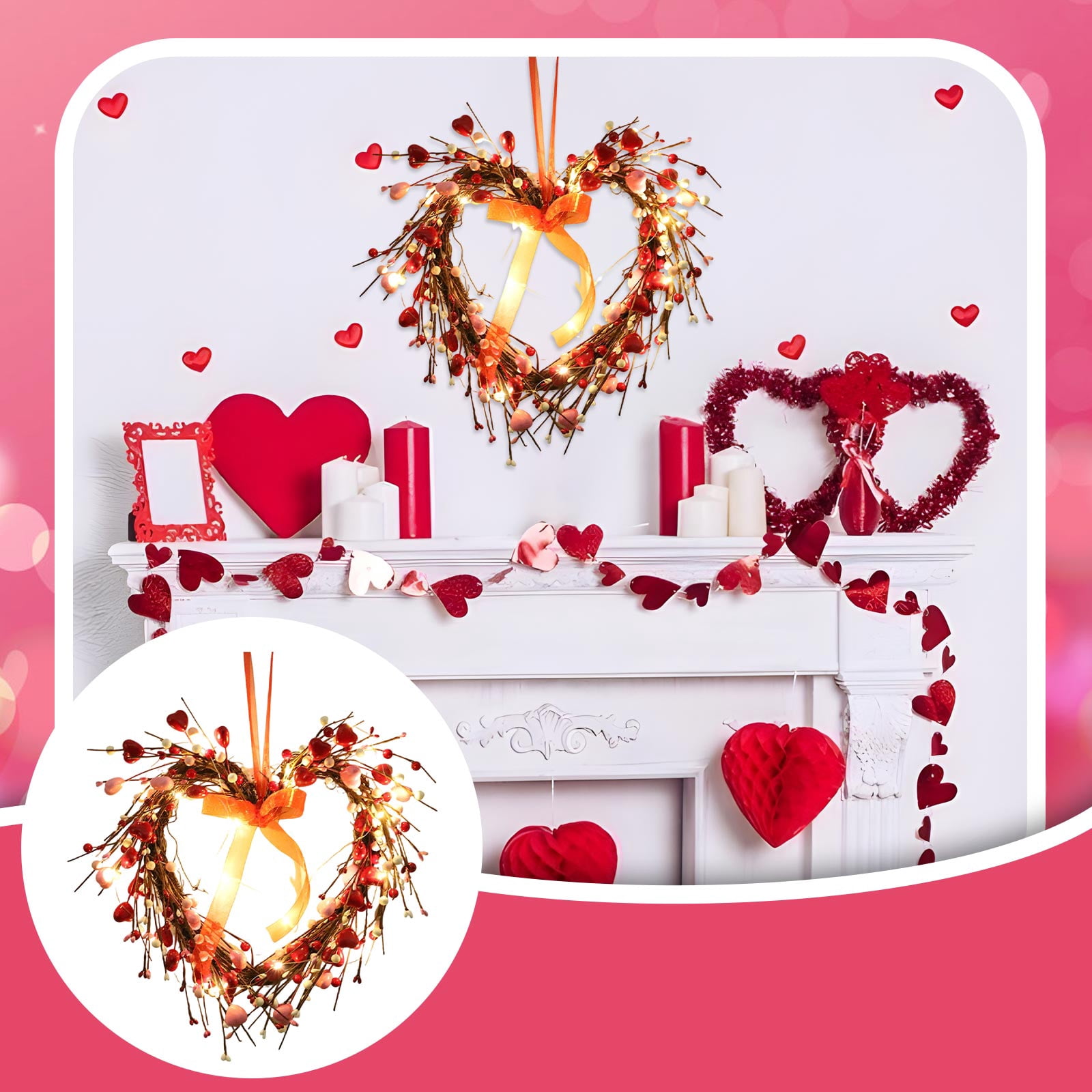 38Cm Realistic Heart-Shaped Floral Wreath, Valentine's Day Ribbon ...