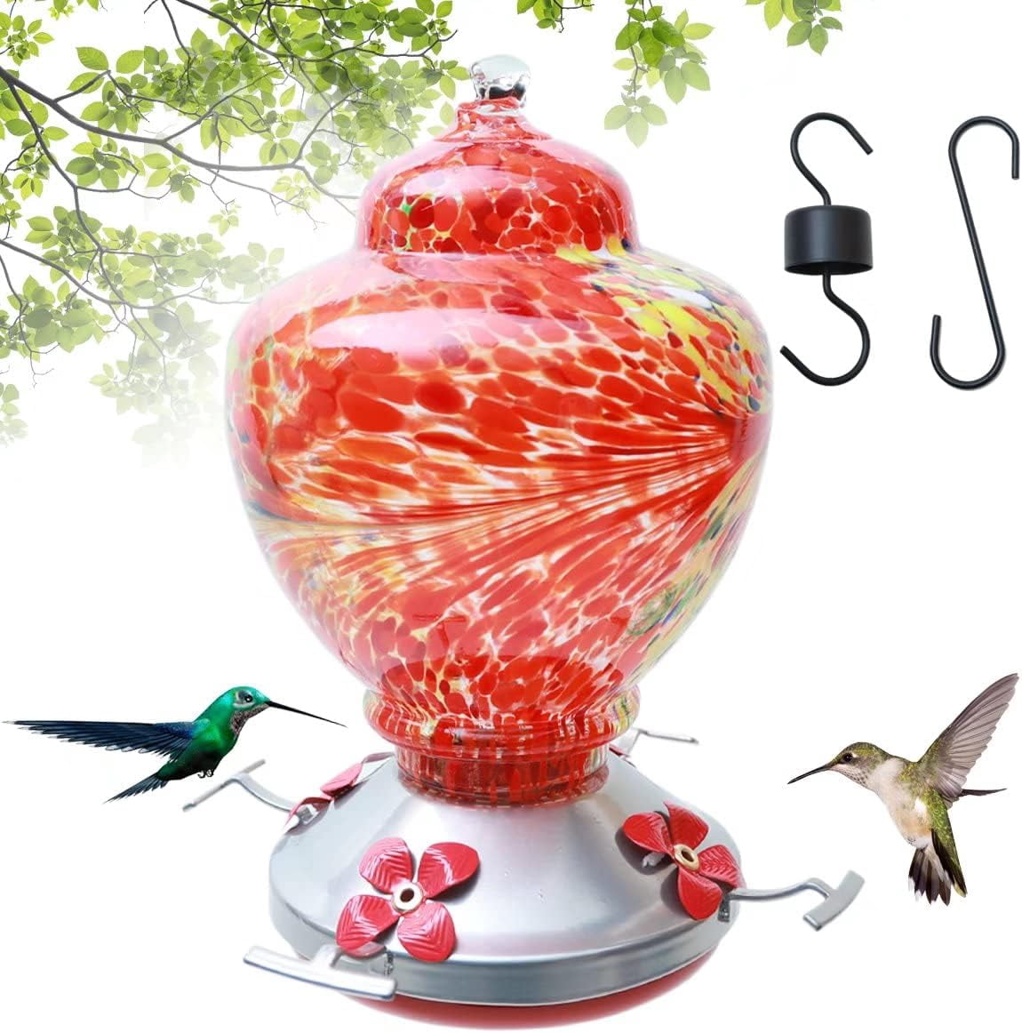 38Fl.oz Hummingbird Feeder for Outdoors Hanging, Hand-Blown Glass ...