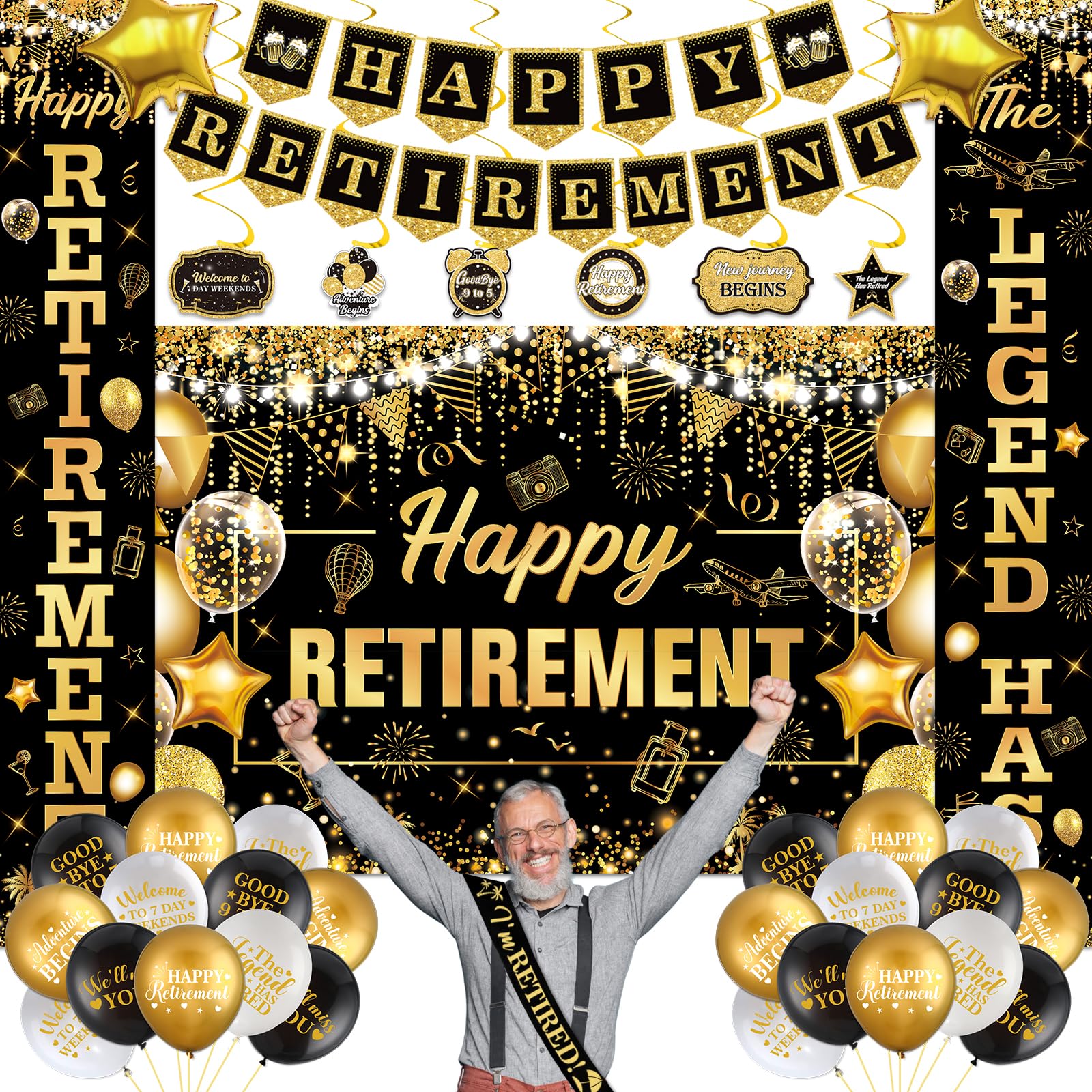 38PCS Black Gold Retirement KEF16 Decorations for Men Women Black Gold ...