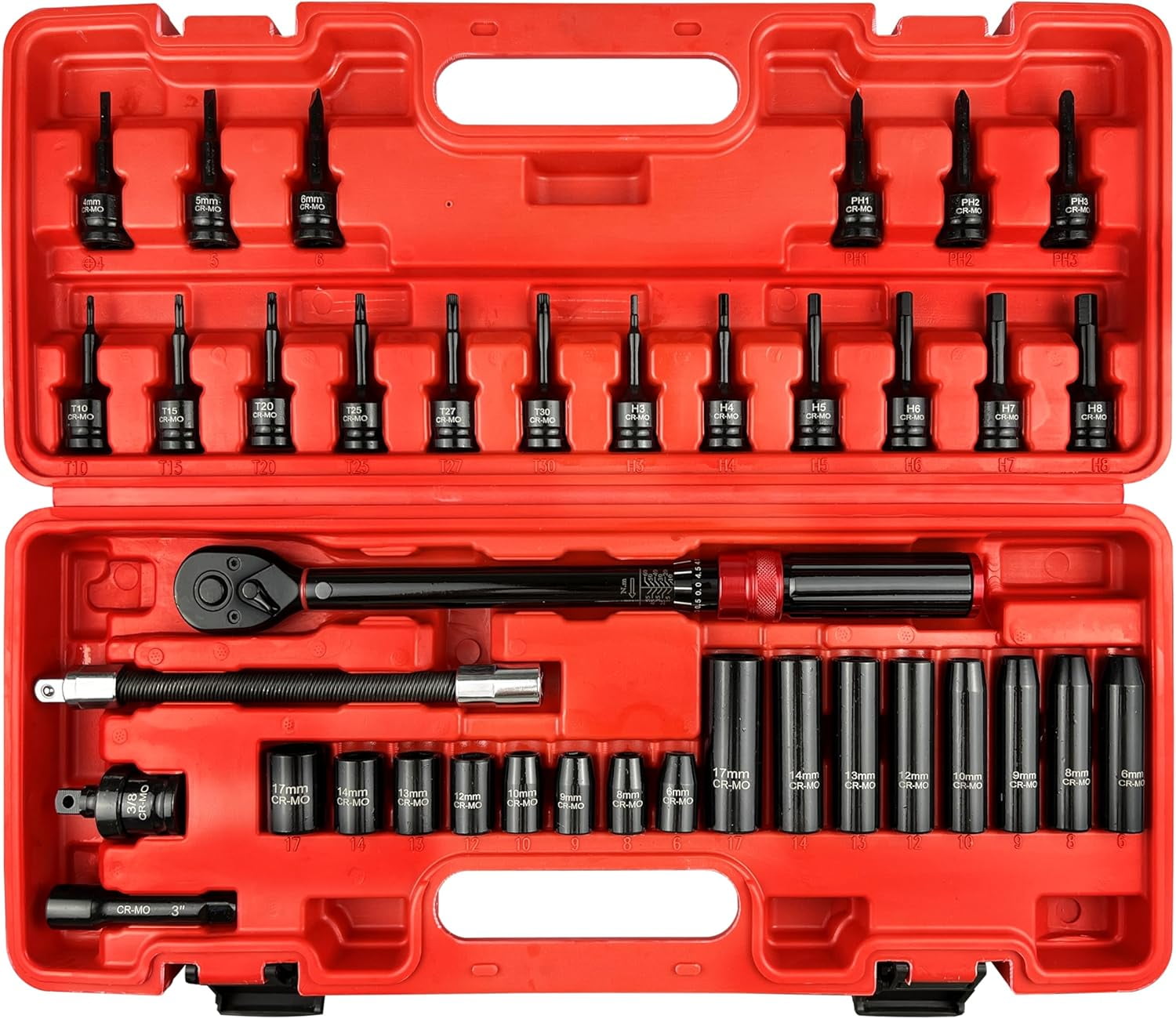 38Pcs 3/8" Deep and Shallow Impact Socket Set,Torx Bit Socket, Phillips ...