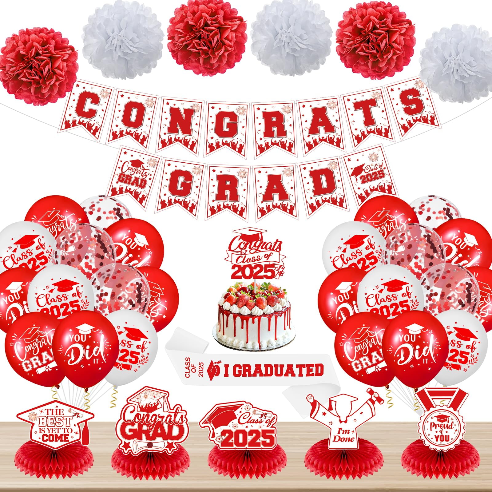 38Pcs Red White Graduation DHF10 Decorations Class of 2025 Grad Party ...