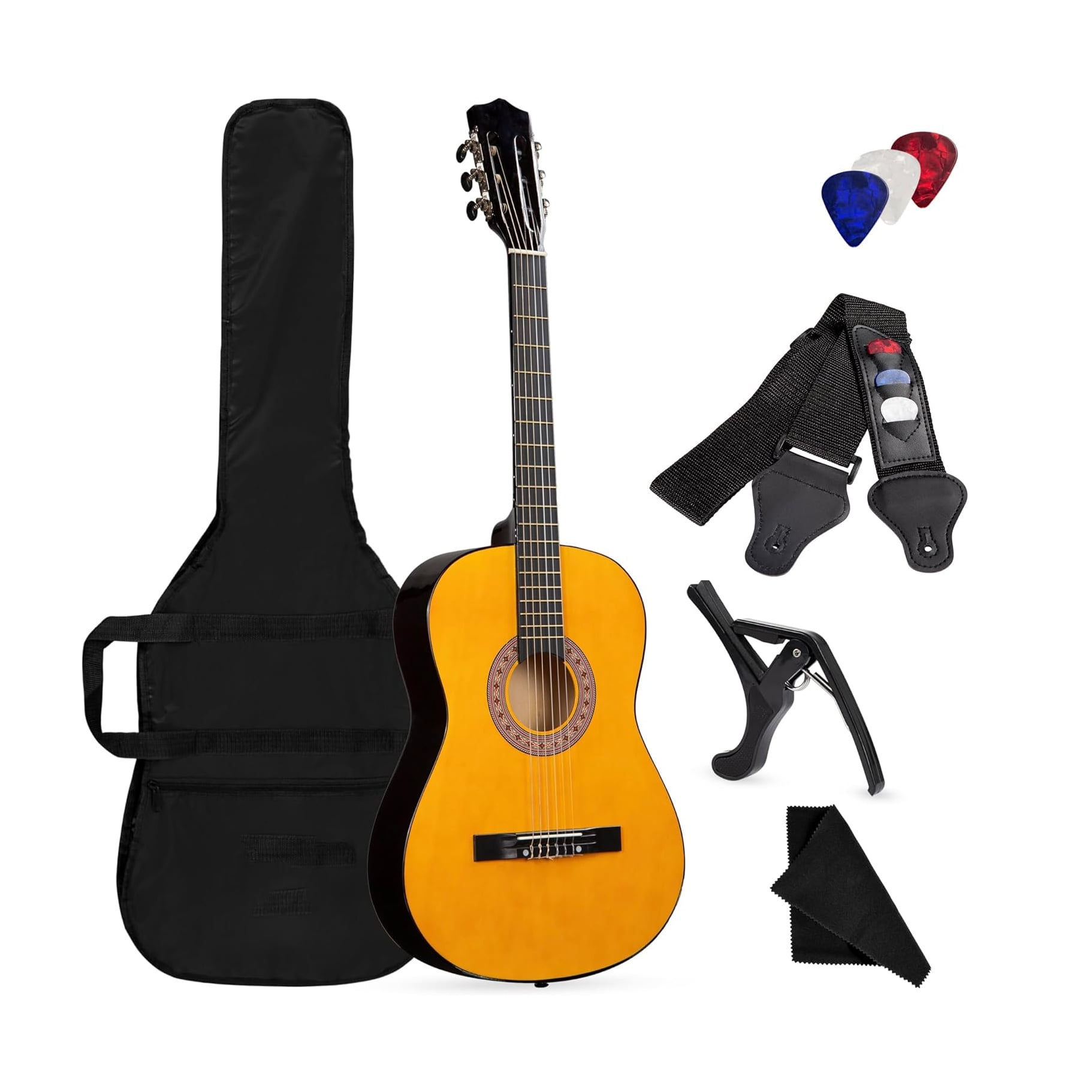 38in Beginner All Wood Acoustic Guitar Starter Kit with Gig Bag, 6 ...
