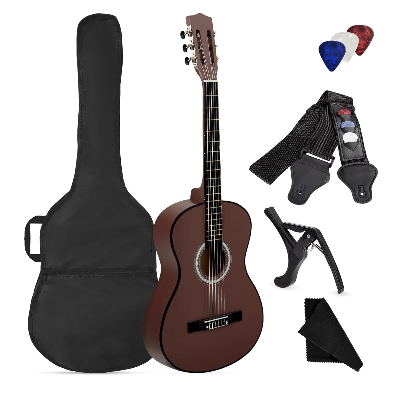 38in Beginner All Wood Acoustic Guitar Starter Kit with Gig Bag, 6 ...