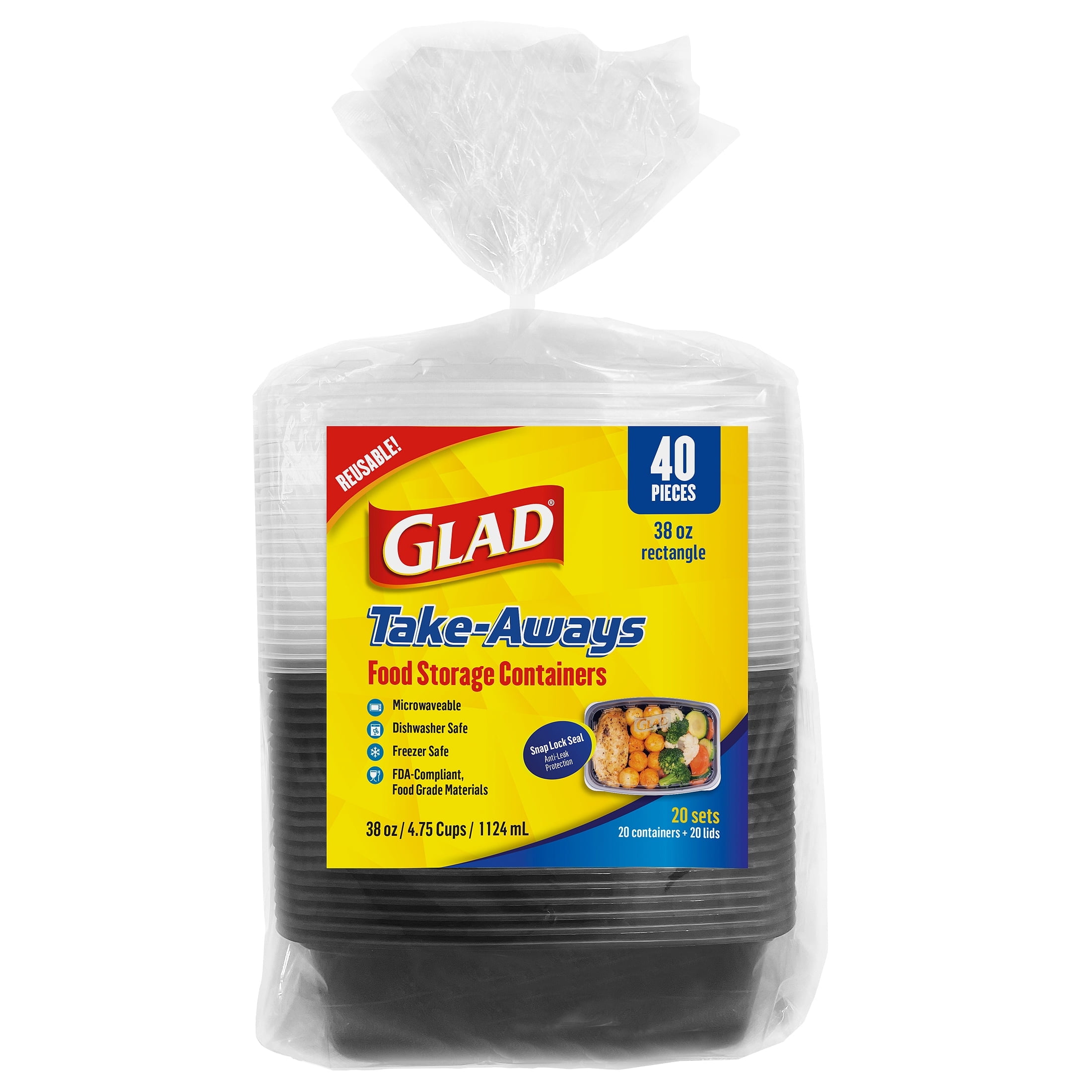 Glad Take-Aways Food Storage Containers, 38oz Rectangle, 40 piece ...