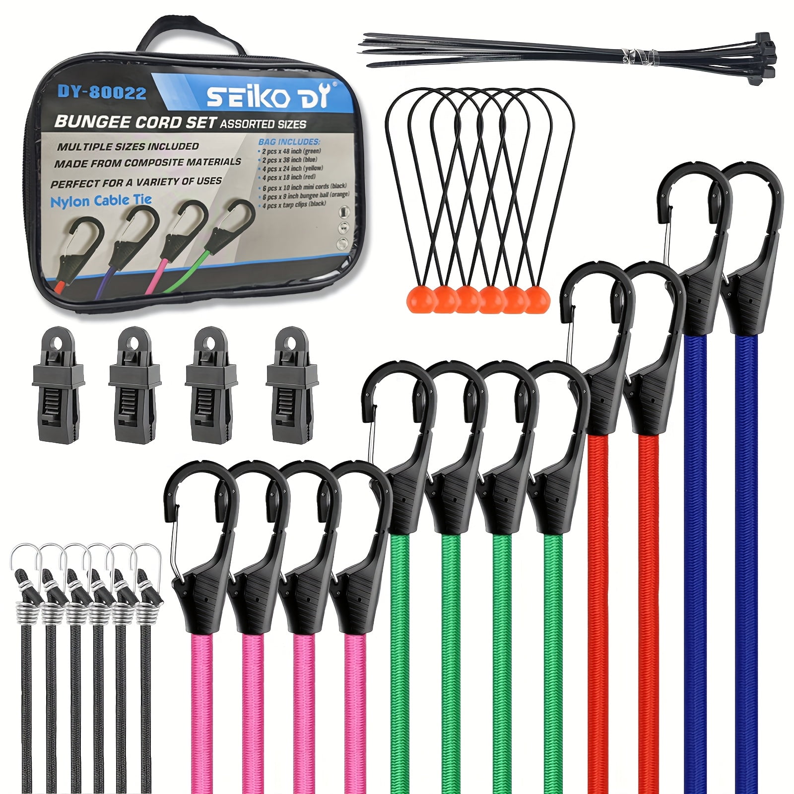 38pcs Premium Heavy-Duty Bungee Cords with Hooks - Elastic Stretch ...