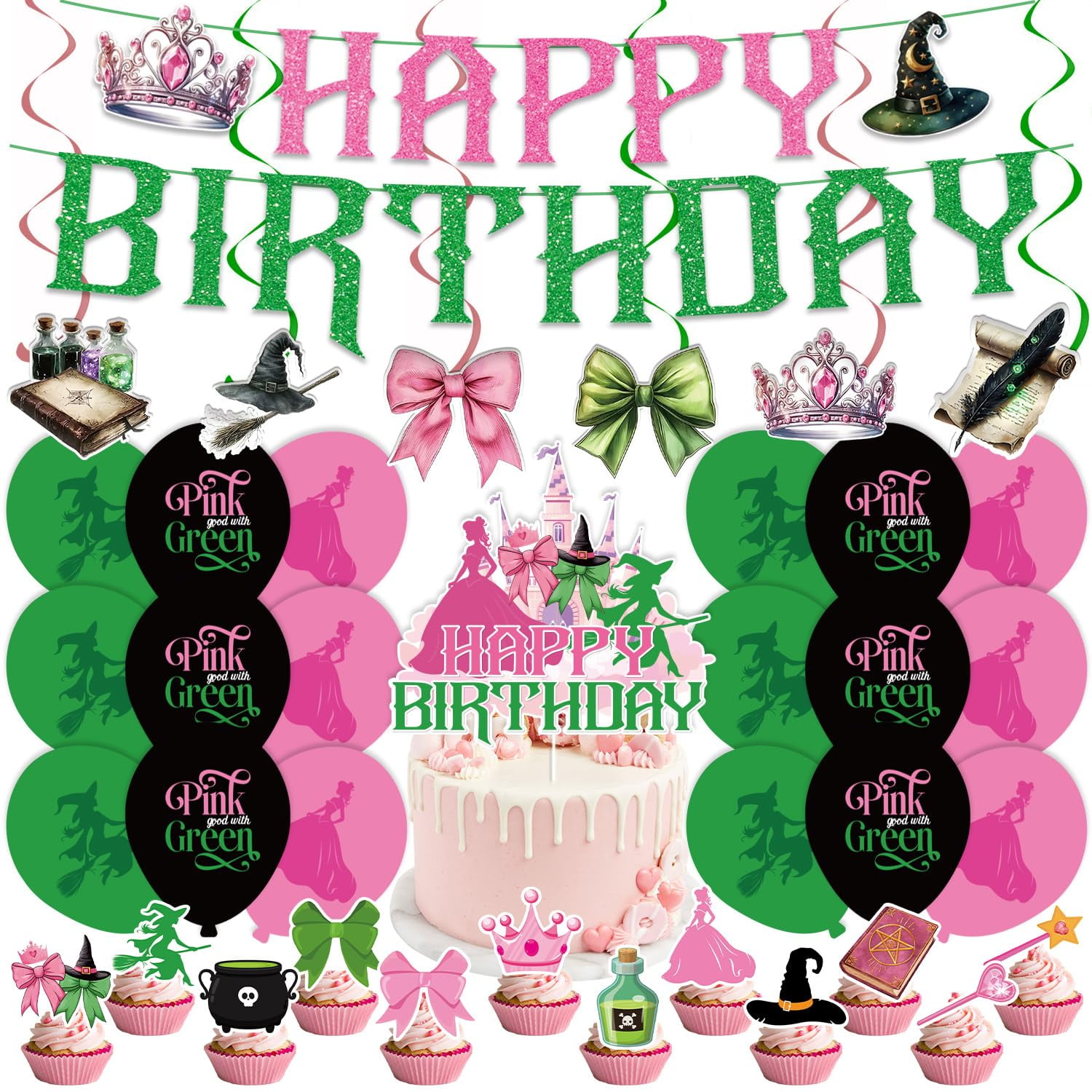 38pcs Witch Birthday Party Decorations Pink AFN1and Green Balloons Set ...