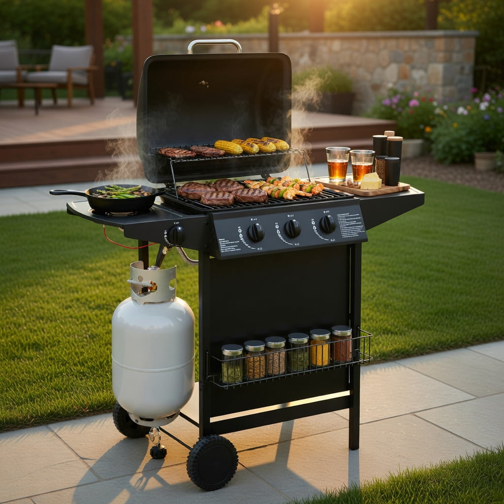 39,000 BTU Heavy-Duty Propane Gas Grill Wheels Black Stainless Steel ...