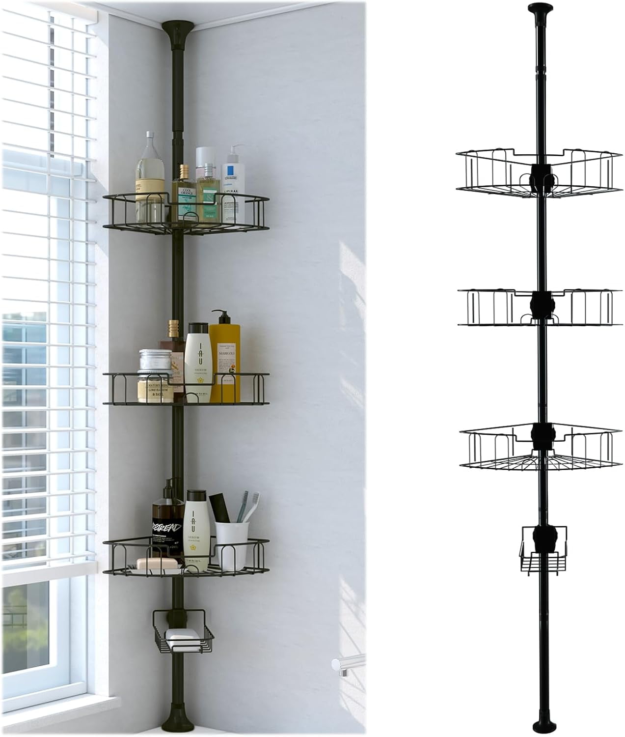 LCOKEIY Corner Shower Shelves, Adjustable 4 Tiers Shower Caddy Tension ...