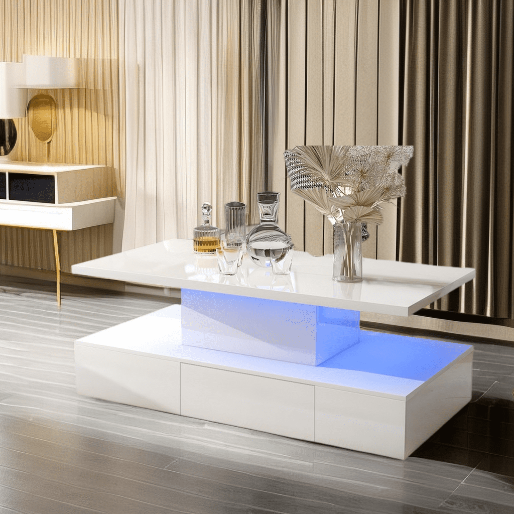 39.3'' 2-Tier LED Light Coffee Table with Drawer, Modern Glossy ...