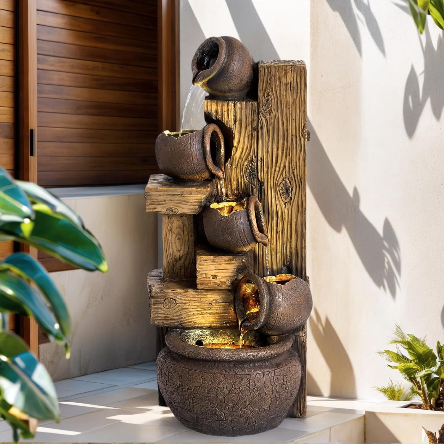 39.3" H Garden Water Fountain 5 Tier Outdoor Waterfalls with LED Lights ...