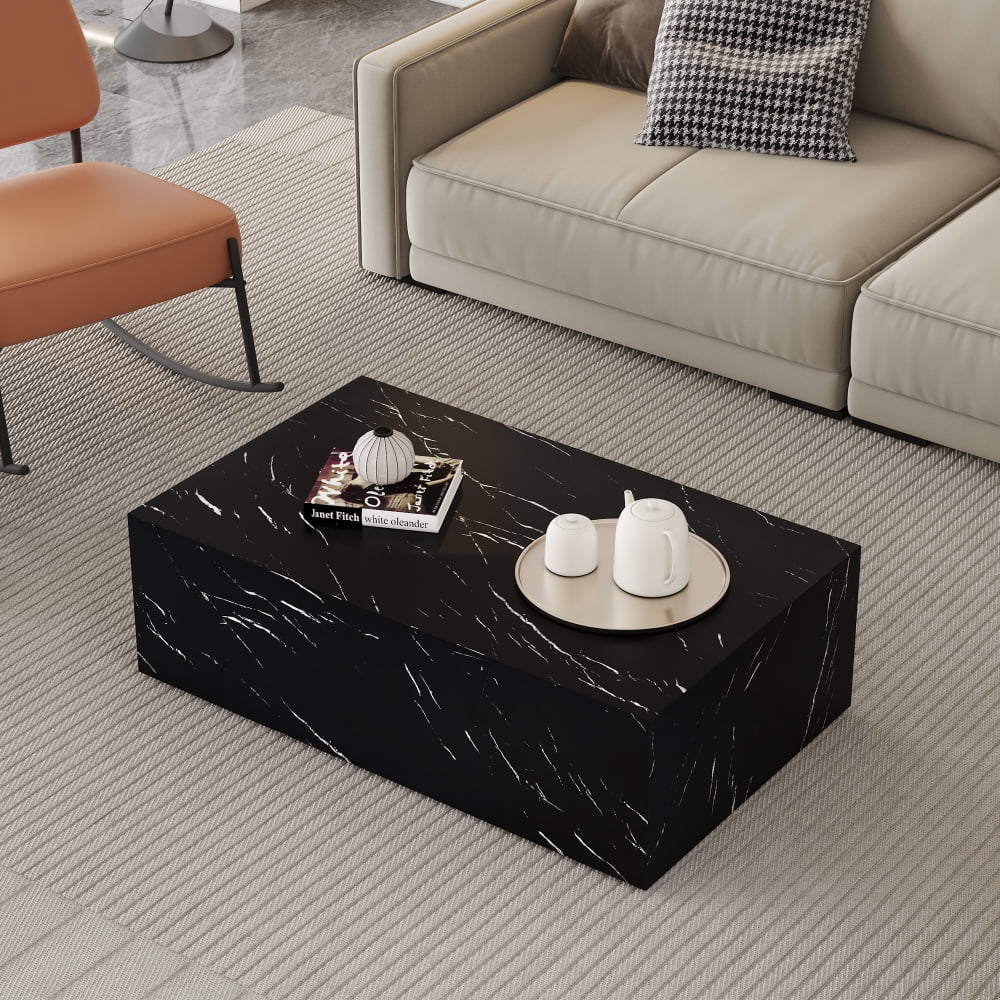 39.3" Modern Rectangular MDF Coffee Table Covered With Black Marble ...