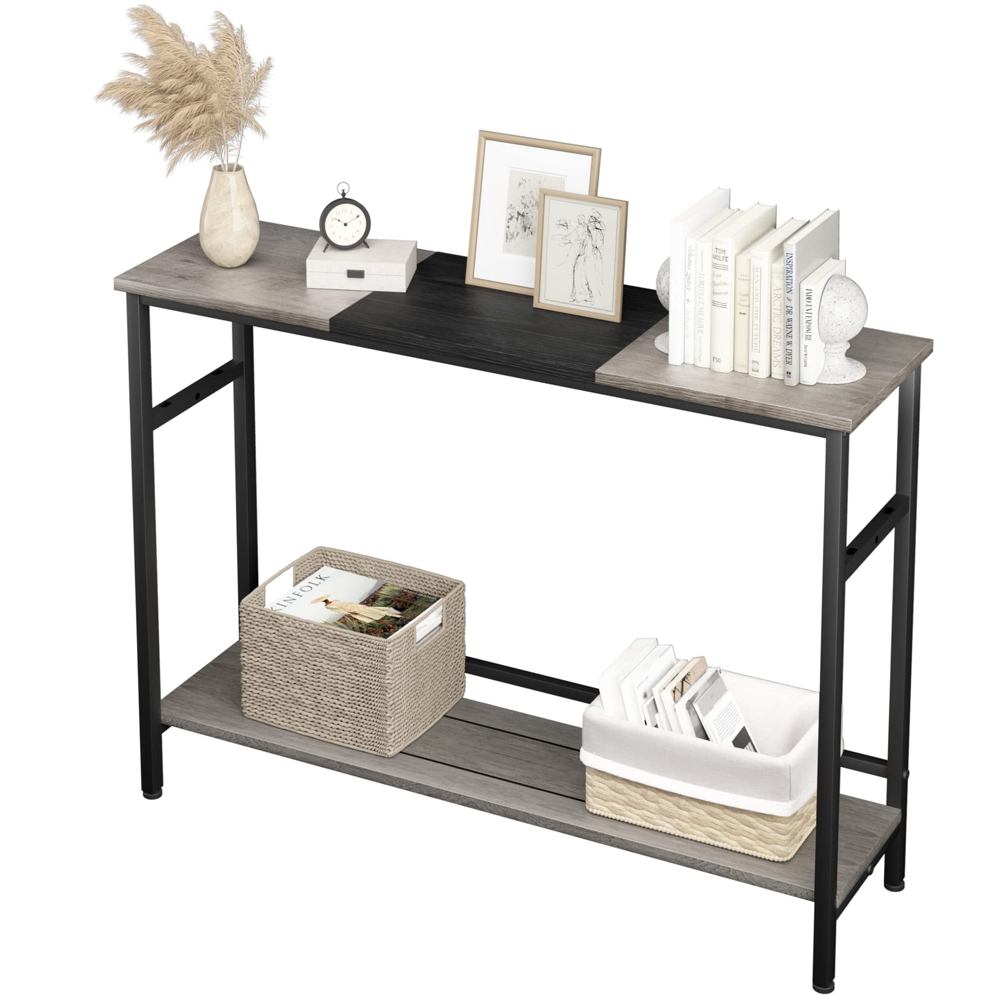 39.3" Narrow Console Table, Industrial Console Table with Shelf, 2 Tier ...
