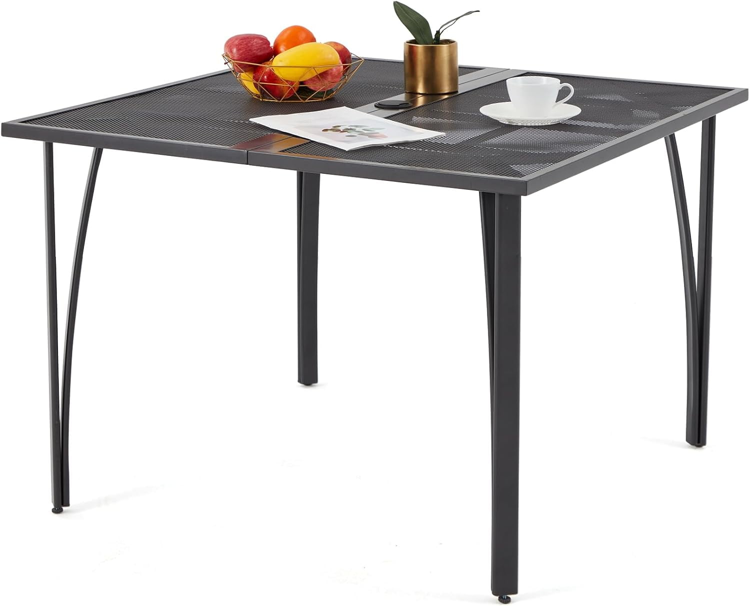 39.3" Patio Dinning Table, Outdoor Square Metal Table Steel Frame with 1.6" Umbrella Hole ...
