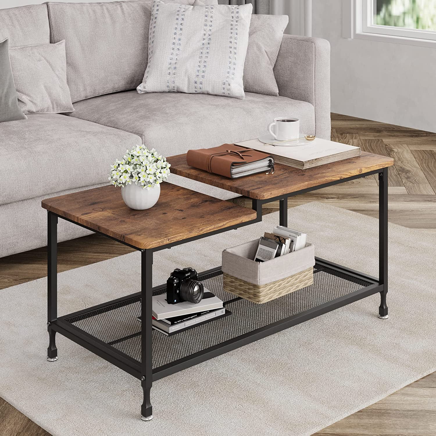 39.3" Rustic Industrial Coffee Table, 2-Tier Rectangular Living Room ...