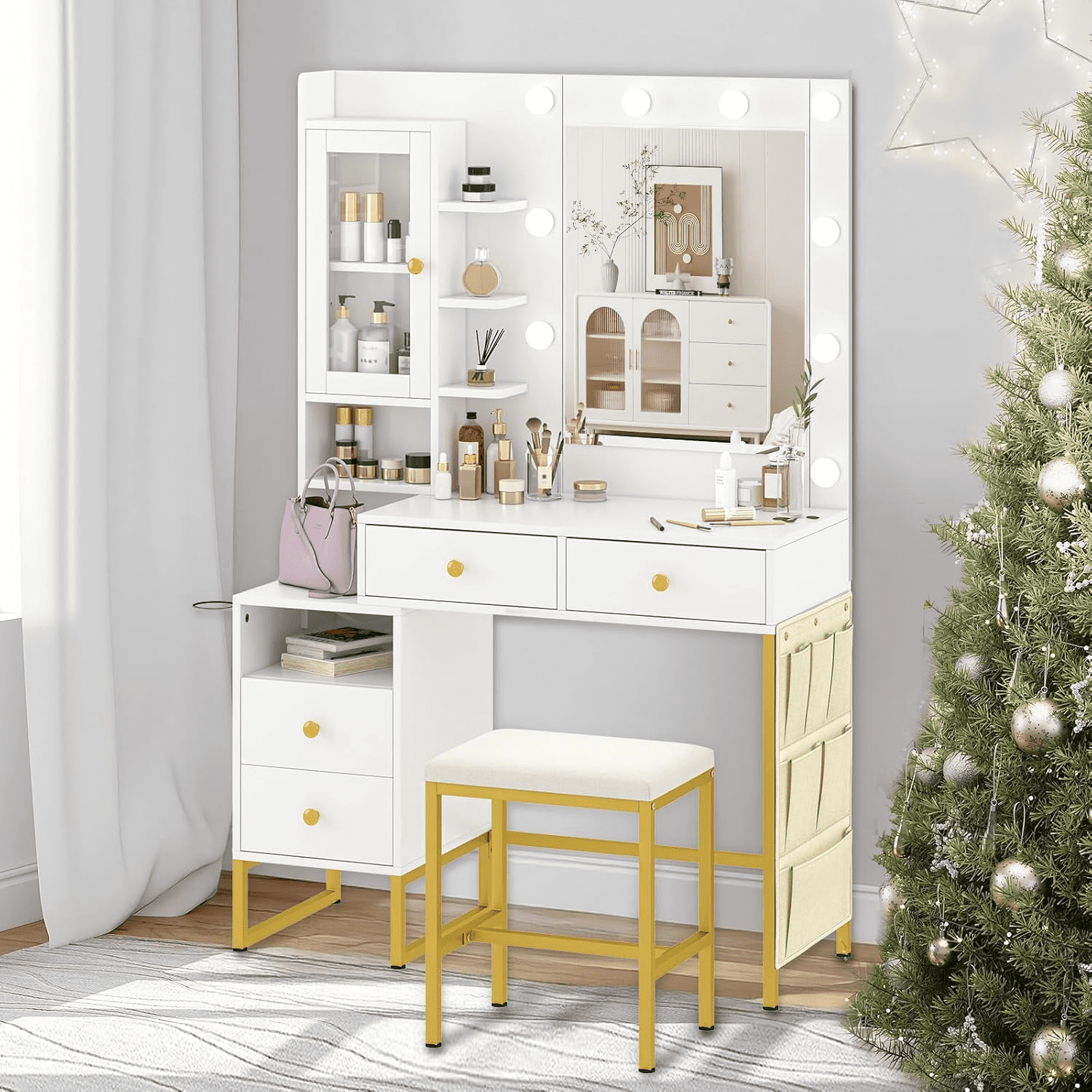 39" W Vanity with Mirror Makeup Vanity Set with 3-Colour Hollywood ...