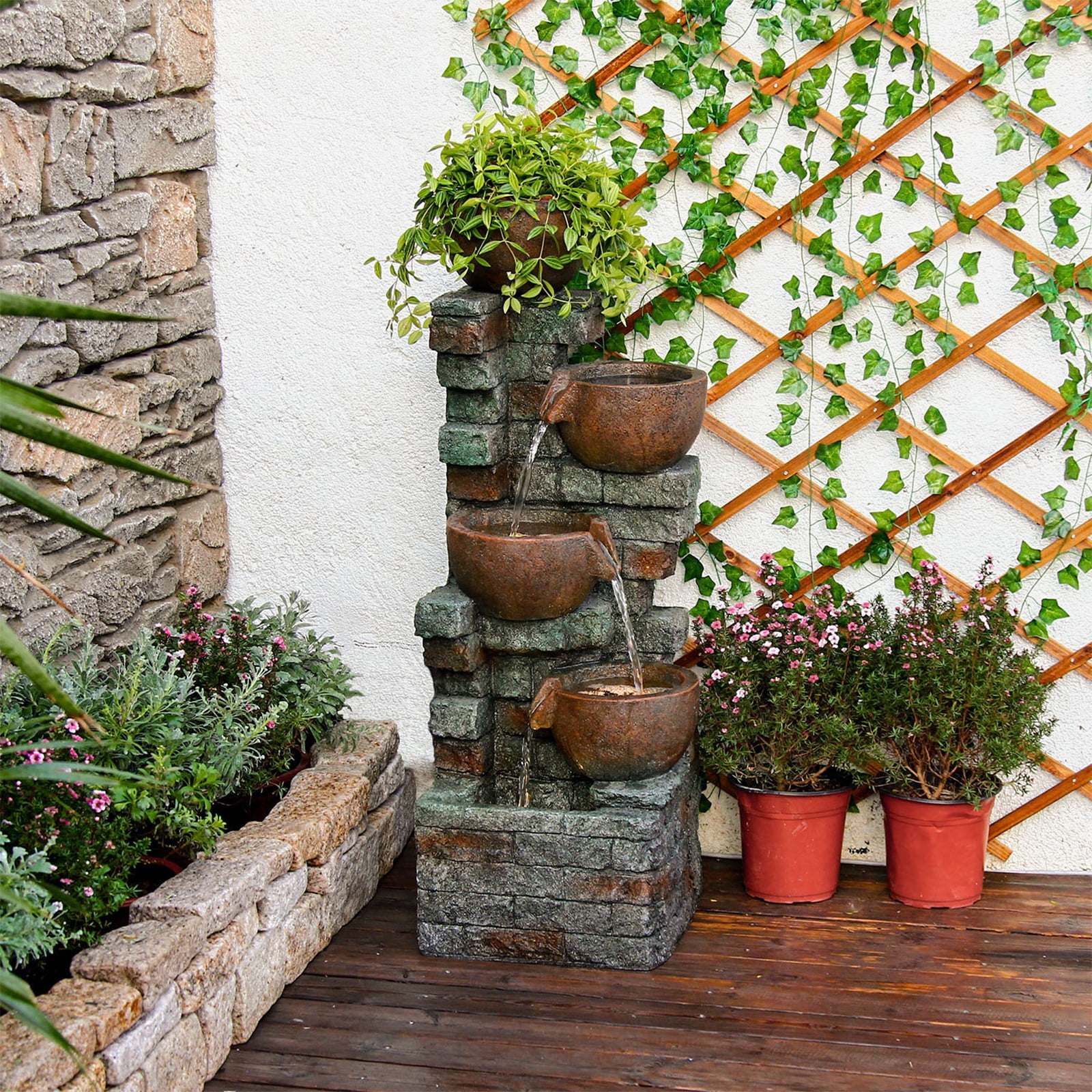 39.37''H Outdoor Water Garden Fountain 5-Tiers Cascading Bowl and ...