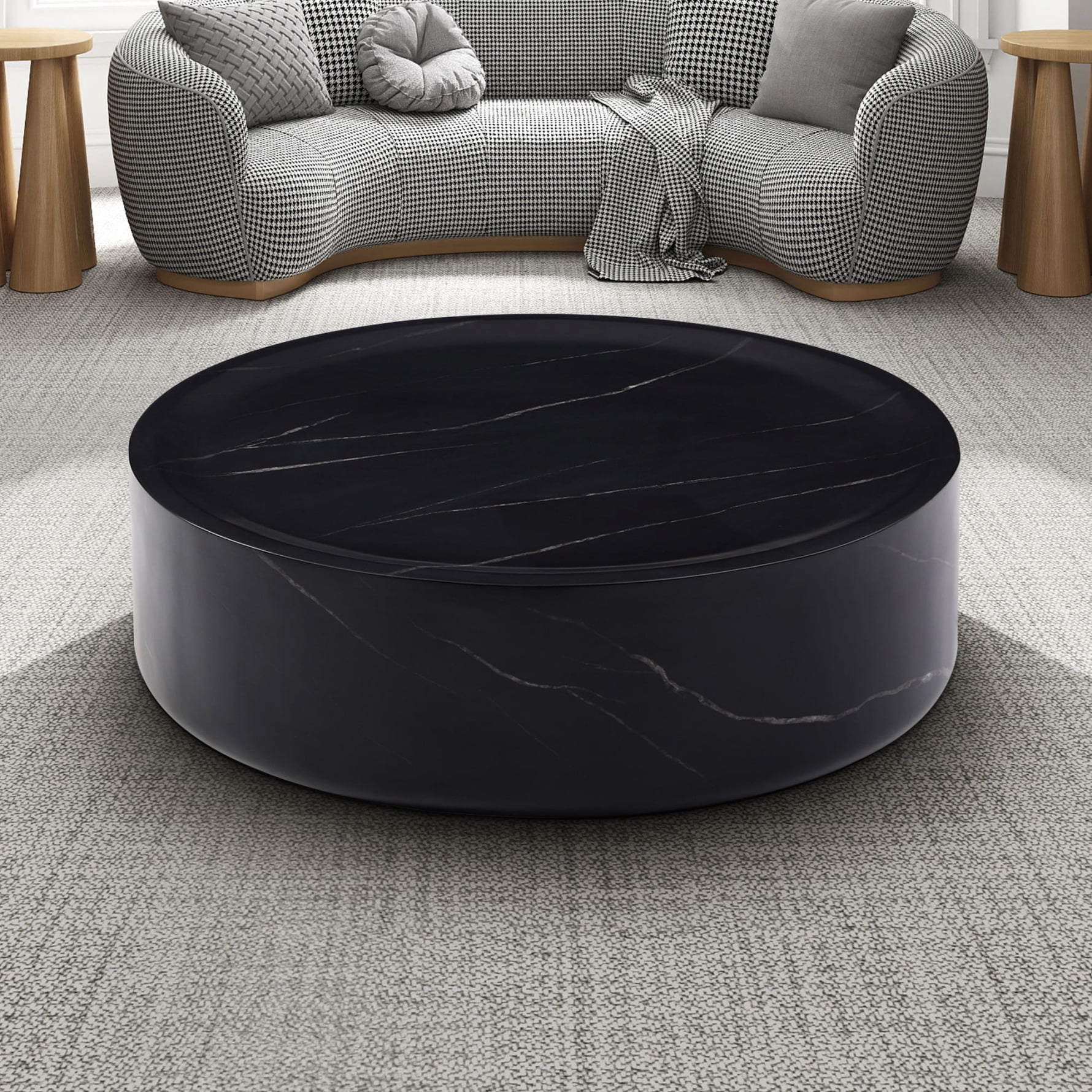 39.37 Inch Round Coffee Table, Faux Travertine Textured Tea Table ...